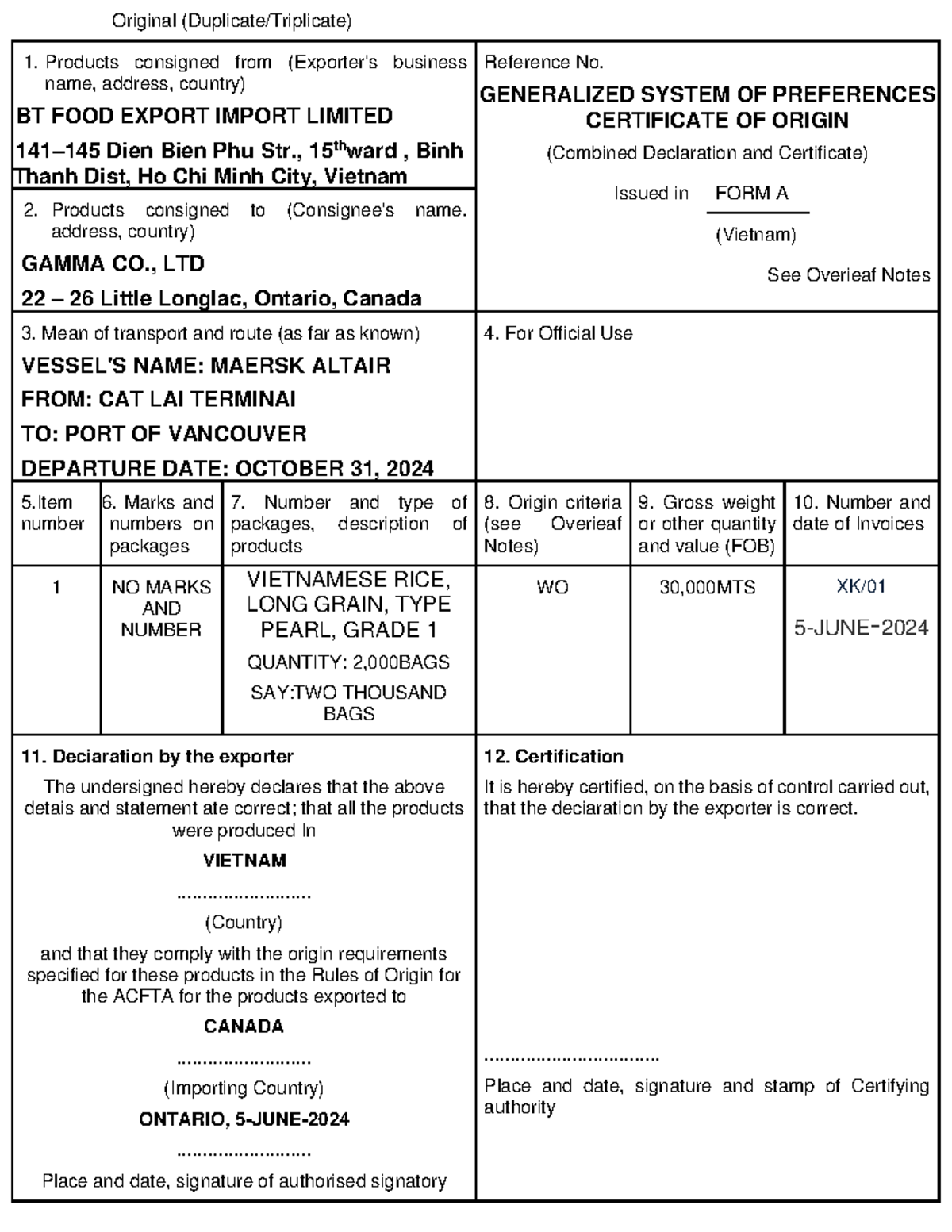 Certificate origin - Original (Duplicate/Triplicate) 1. Products ...