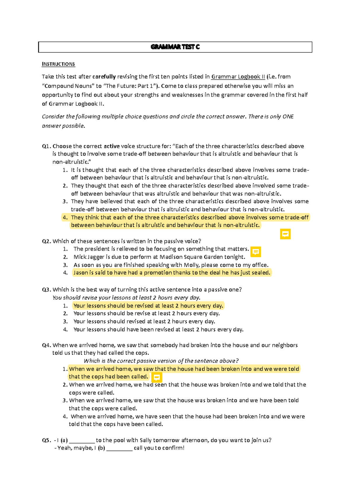 1718 Grammar Test C(1) - Cours Anglais Niveau 1 - FASS - INSTRUCTIONS ...