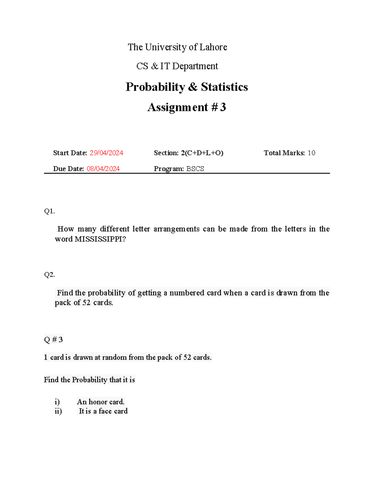 Assignment-3 PROB - Helping for you - The University of Lahore CS & IT Department Probability ...