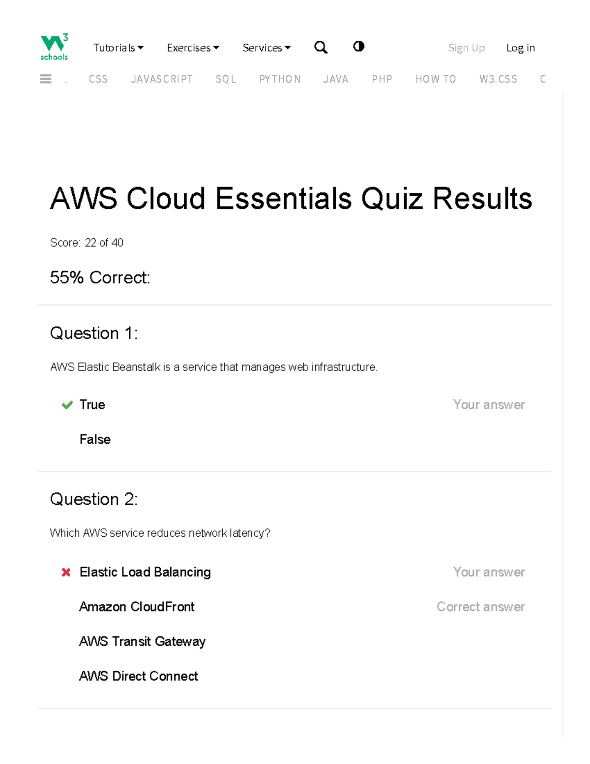 W3Schools Quiz AWS Cloud Essentials Quiz Results - AWS Cloud Essentials Quiz Results Score: 22 ...