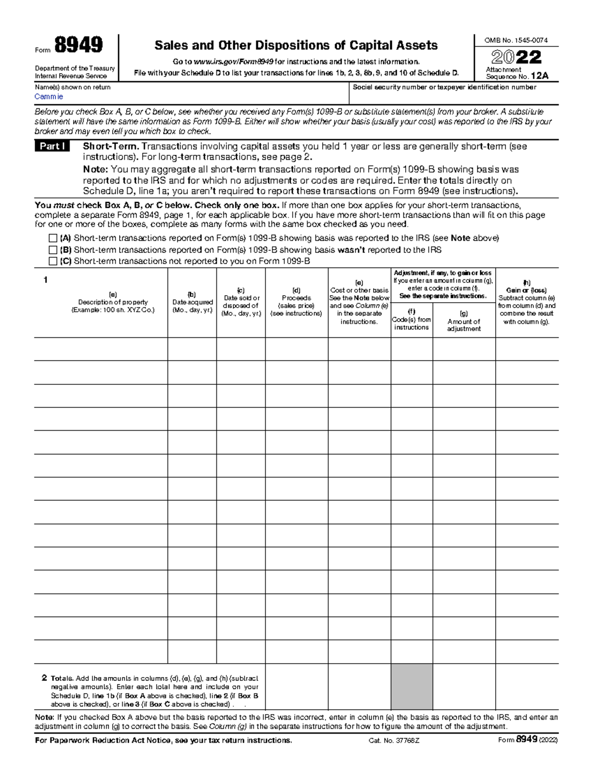 Cammie f8949 - practice tax form - Form 8949 Department of the Treasury ...