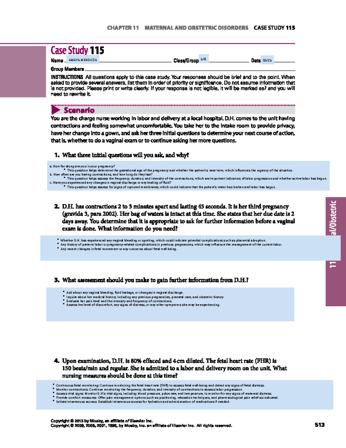 115CS - HOMEWORK - CHAPTER 11 Case Study 115 Name Group Members MATERNAL AND OBSTETRIC DISORDERS ...