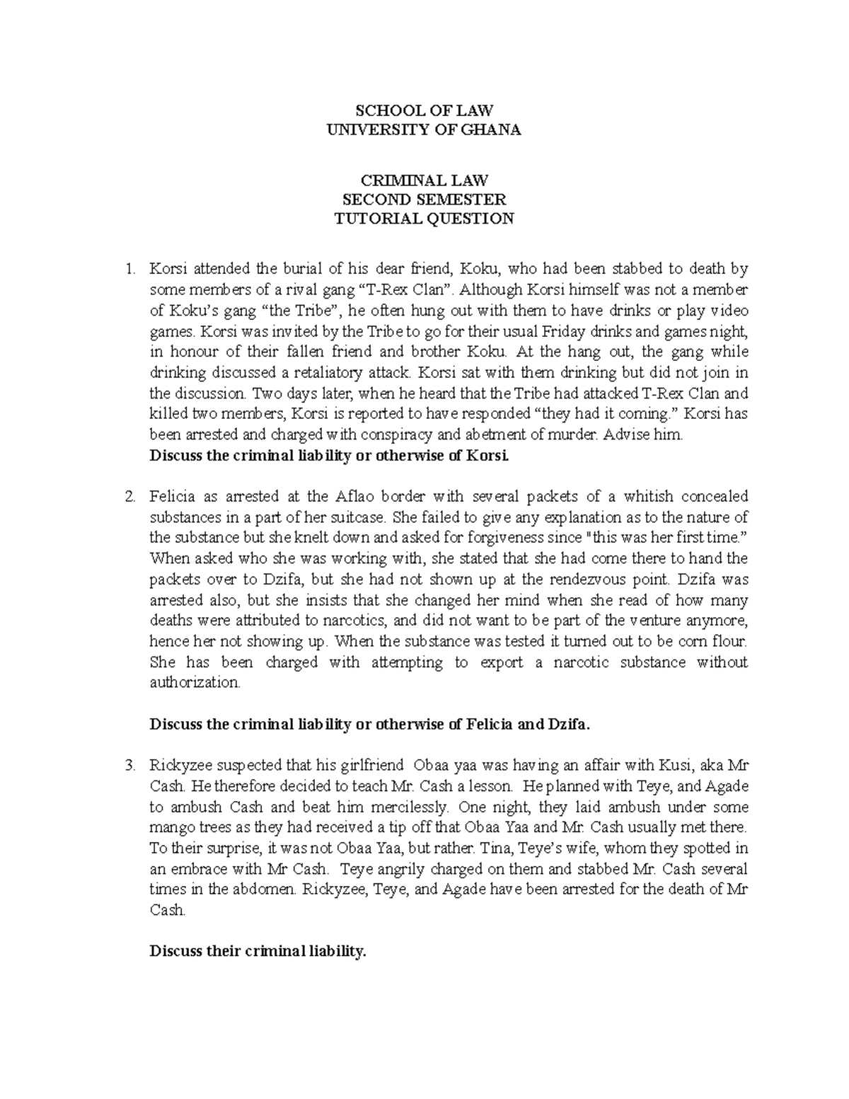 Criminal Law Tutorial - SCHOOL OF LAW UNIVERSITY OF GHANA CRIMINAL LAW ...