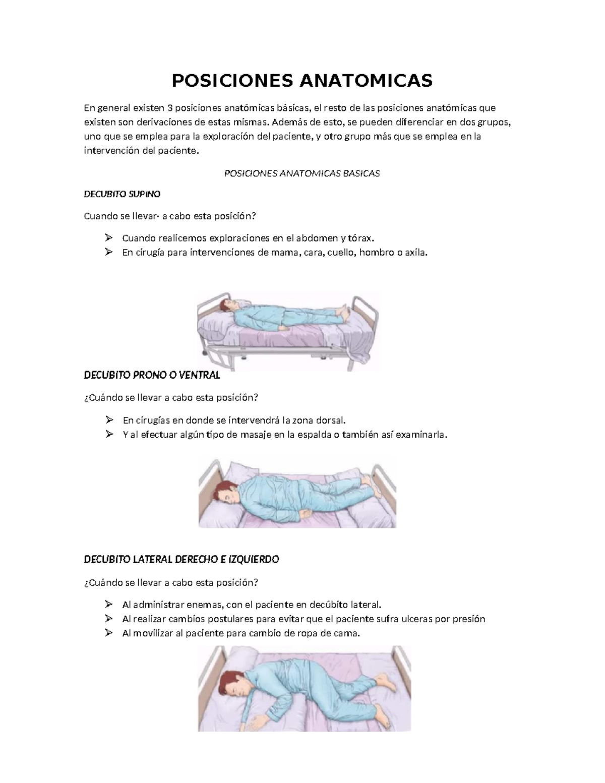 Posiciones Anatomicas - POSICIONES ANATOMICAS En general existen 3 posiciones anatómicas básicas ...