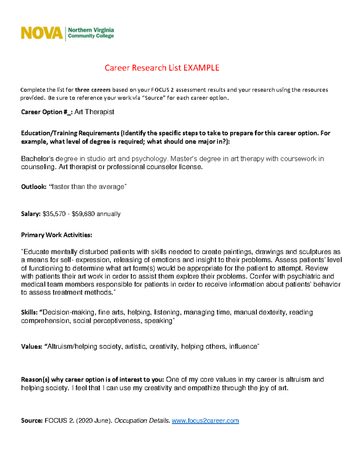 Career Research List Example - Career Research List EXAMPLE Complete ...