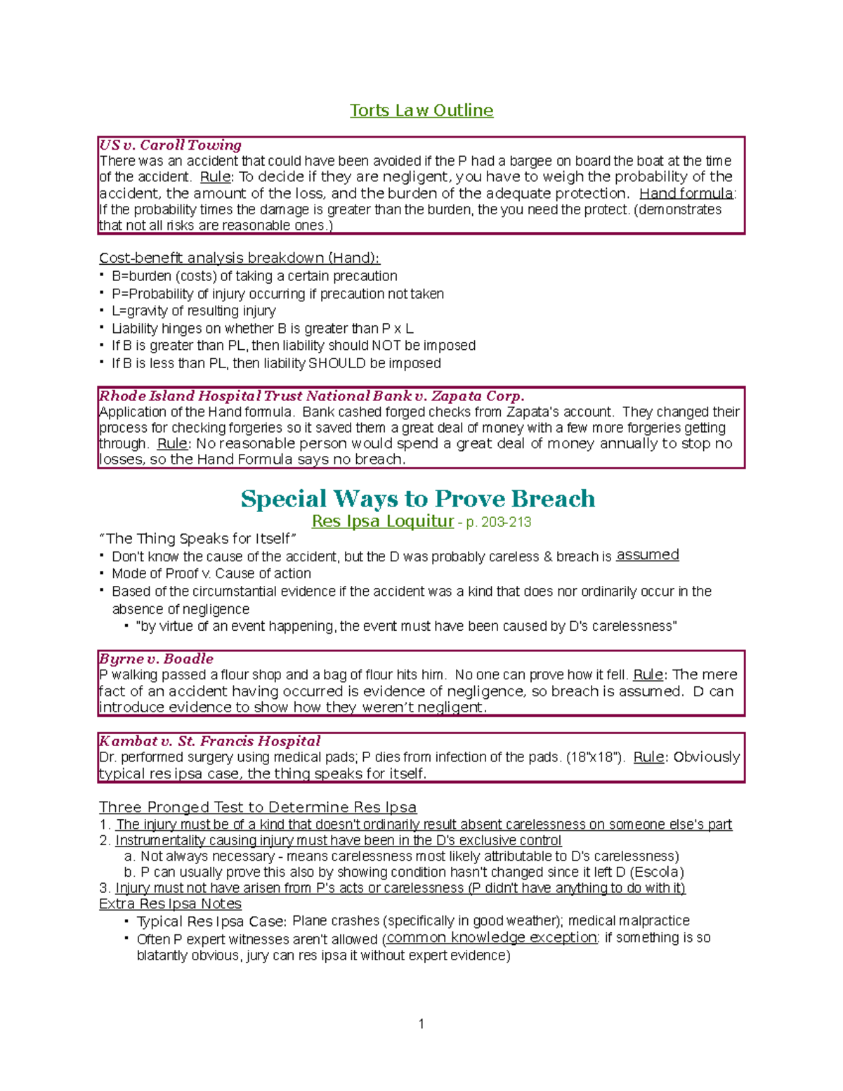 Tort Law Outline - Professor Alvarez - Torts Law Outline US v. Caroll ...