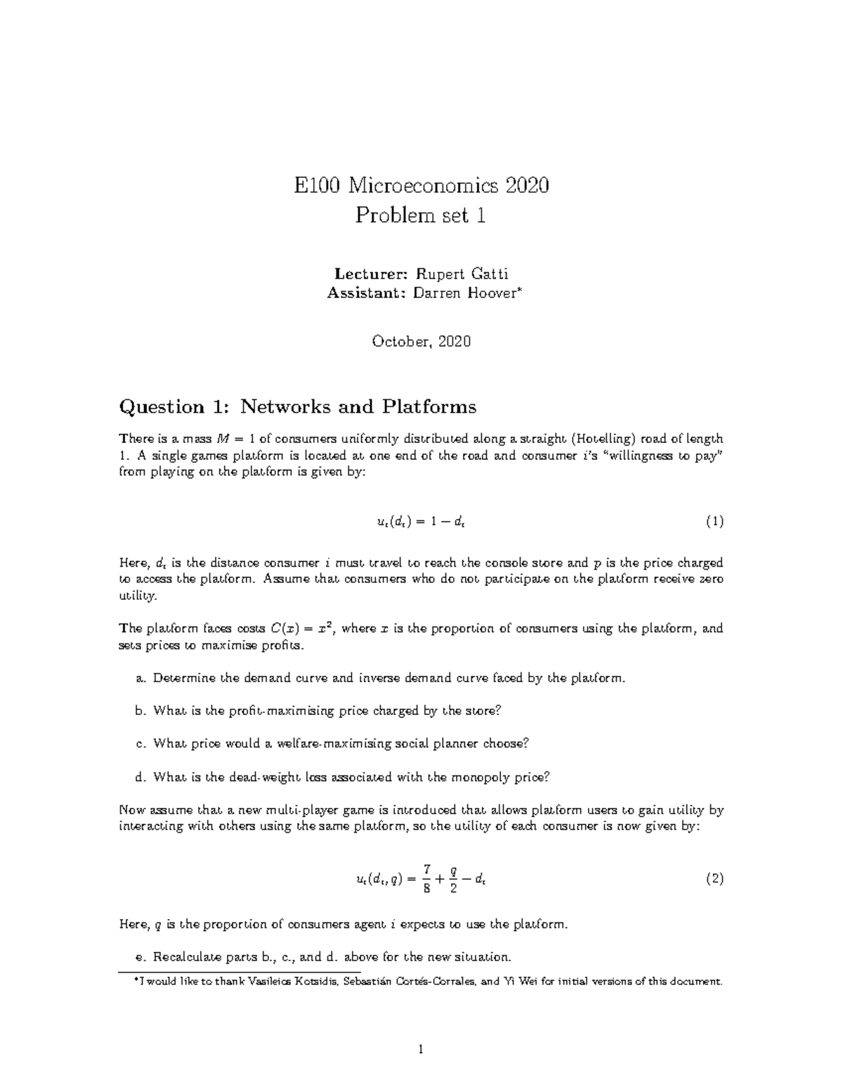 E100 2021 Problem Set 1 - solutions - E100 Microeconomics 2020 Problem ...