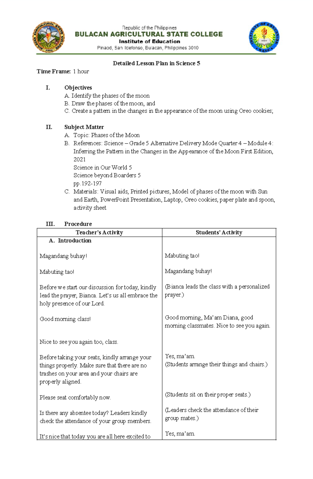 DLP - Science 5 - PT Diana - Detailed Lesson Plan in Science 5 Time ...