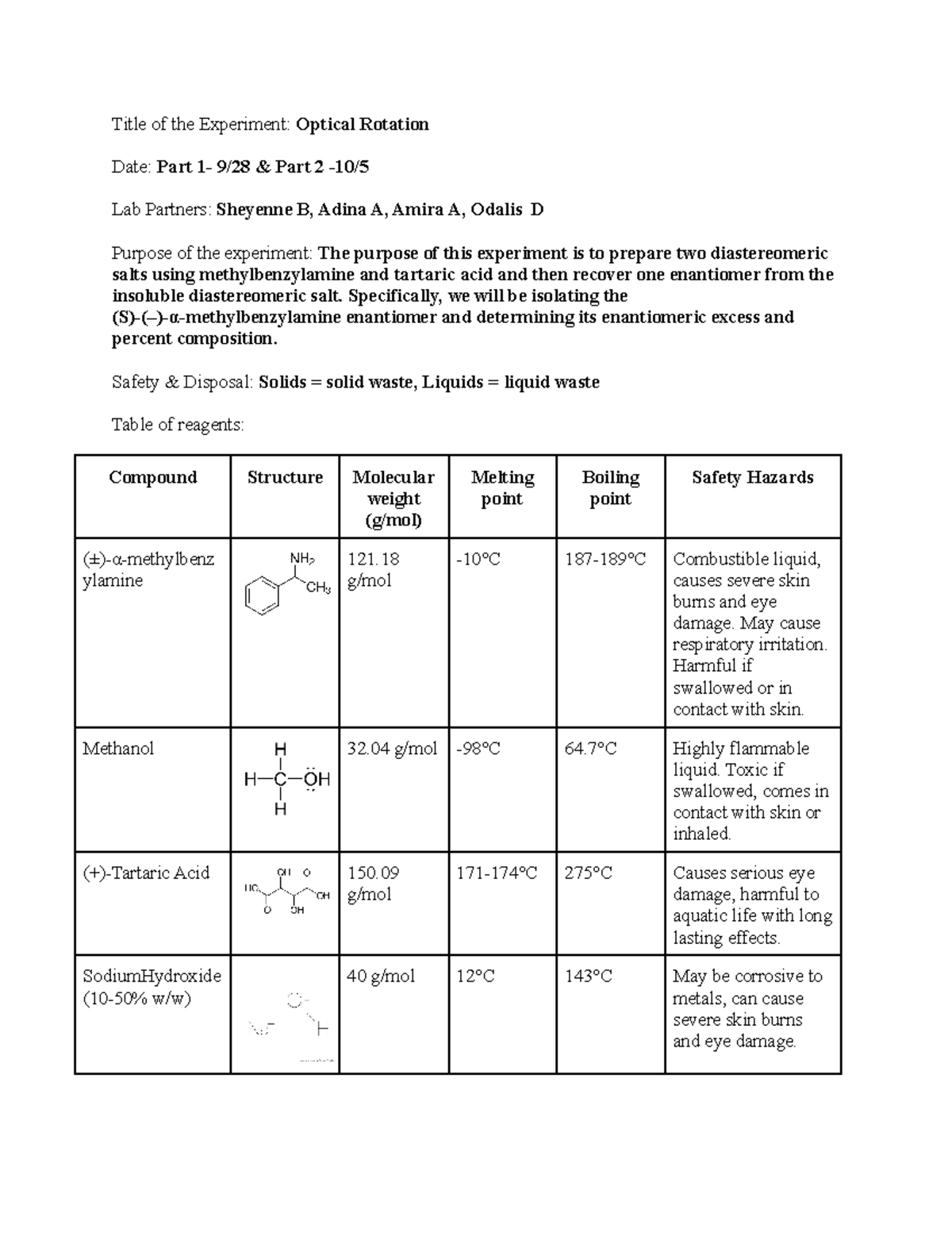 Optical Rotation Pre-lab Symone Chambry - Title of the Experiment ...