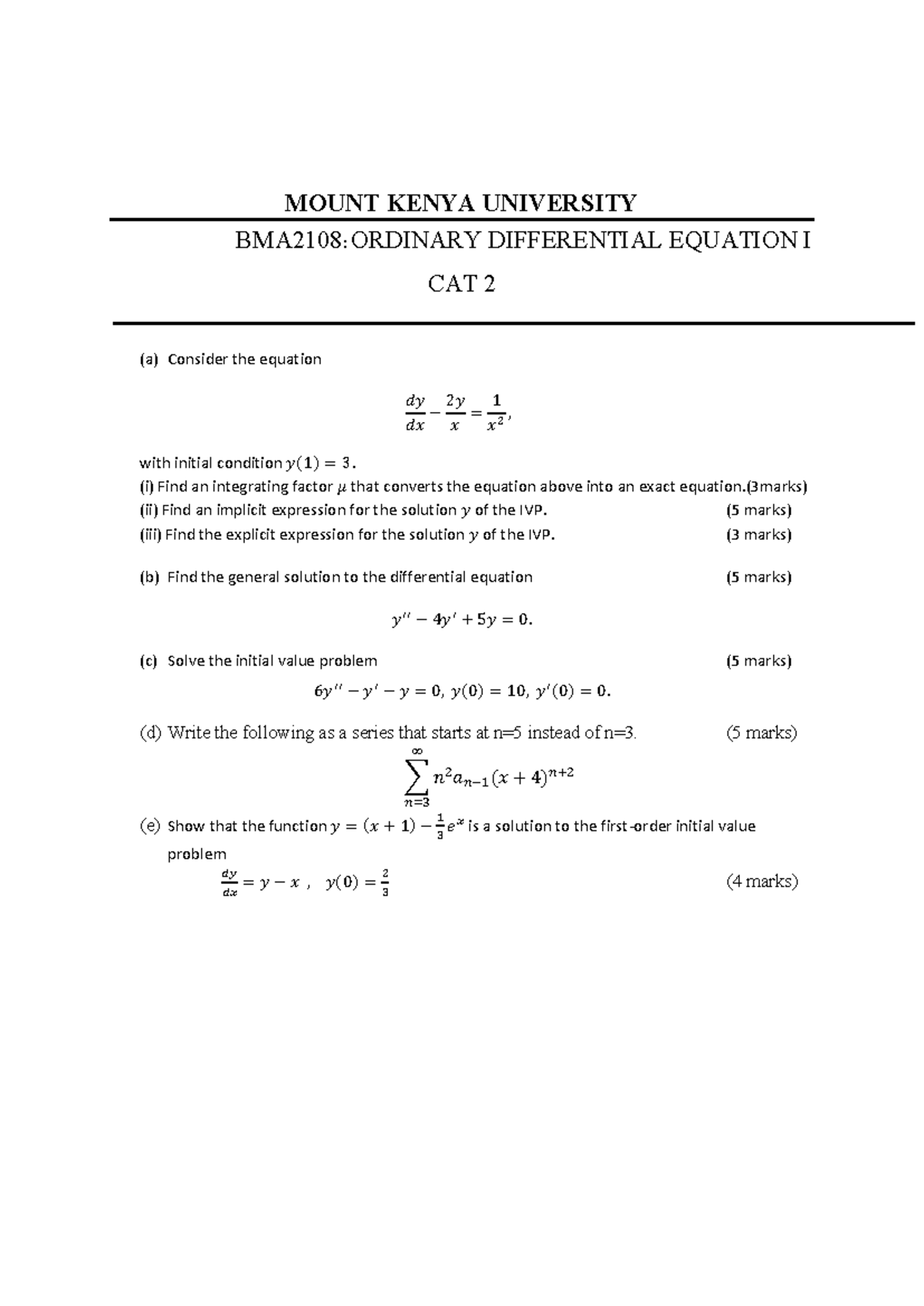 BMA2108 ODE CAT 2 - MOUNT KENYA UNIVERSITY BMA2108: ORDINARY ...