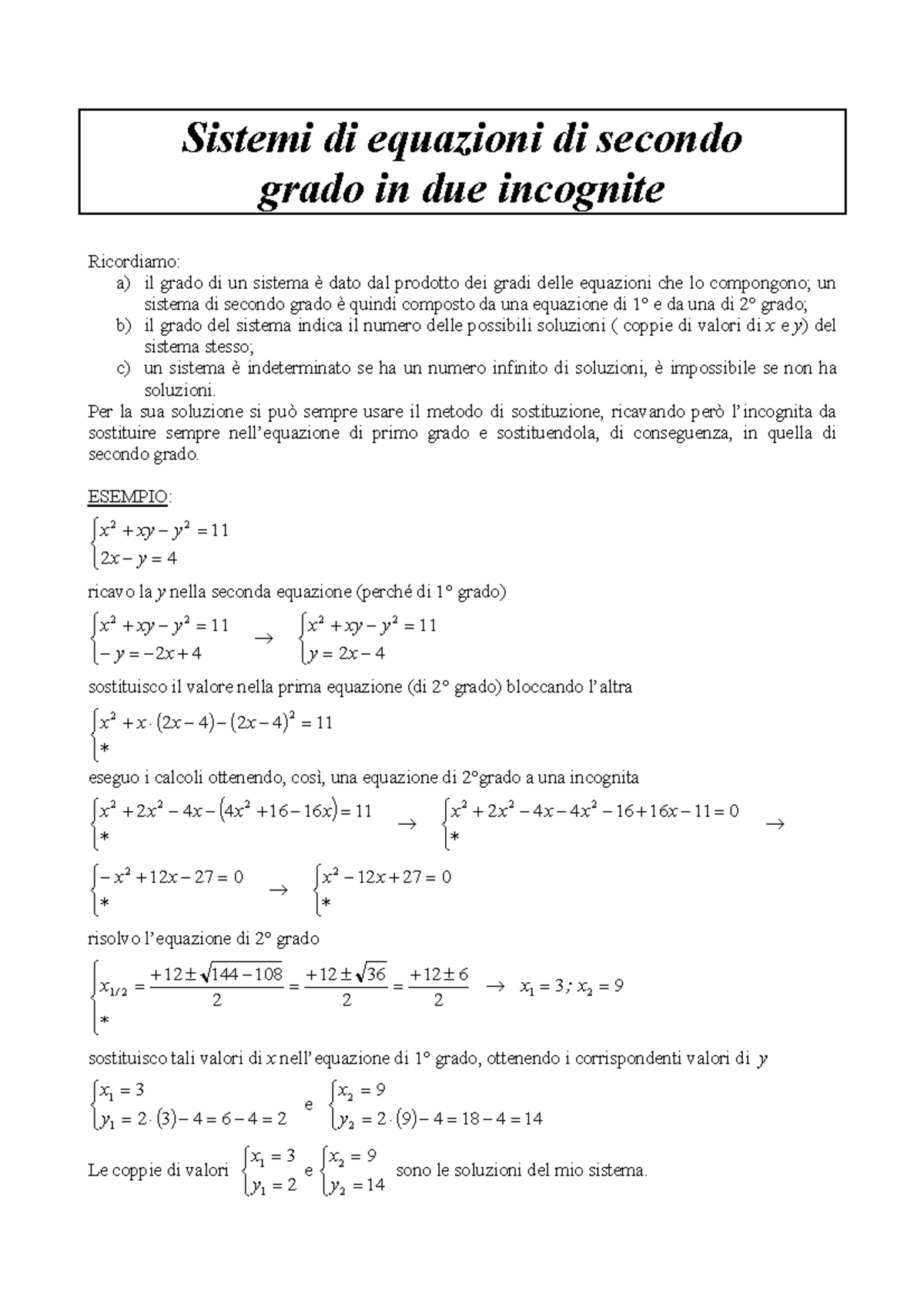 Sistemi di equazioni di 2 grado - Matematica - UniPr - Studocu