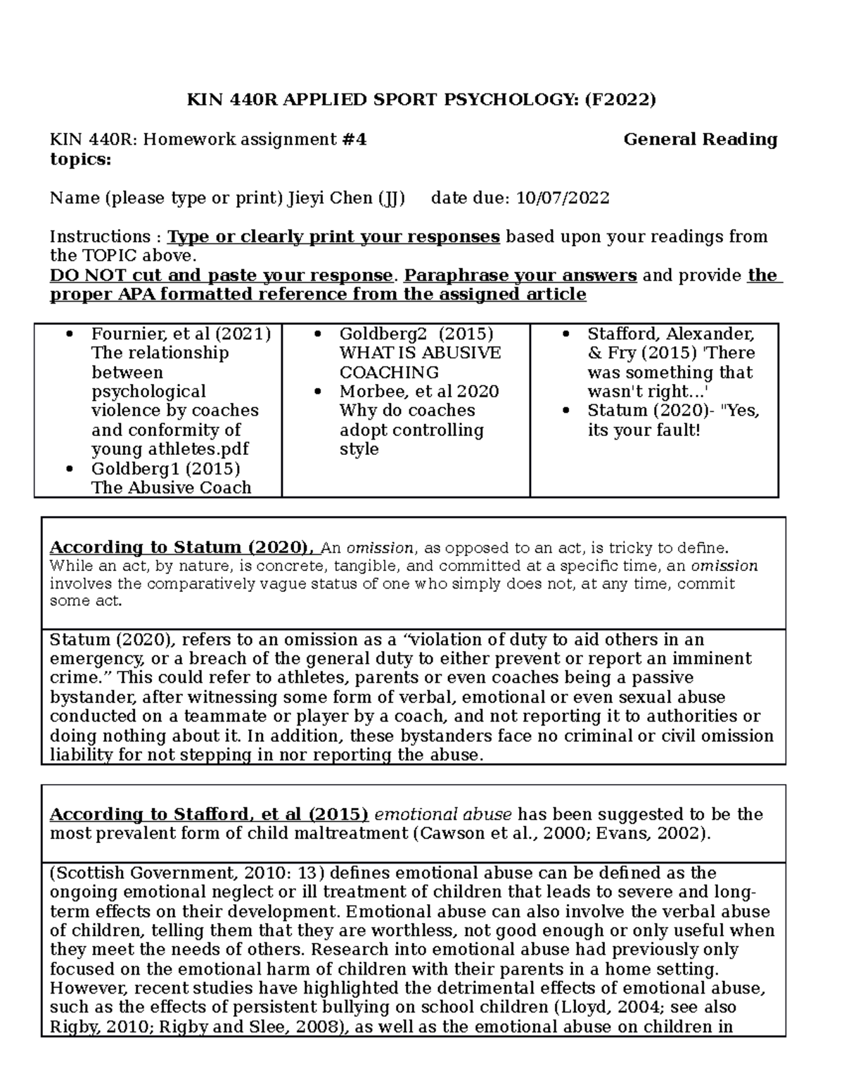 FALL 2022 KIN 440R assign 4 - KIN 440R APPLIED SPORT PSYCHOLOGY: (F2022 ...