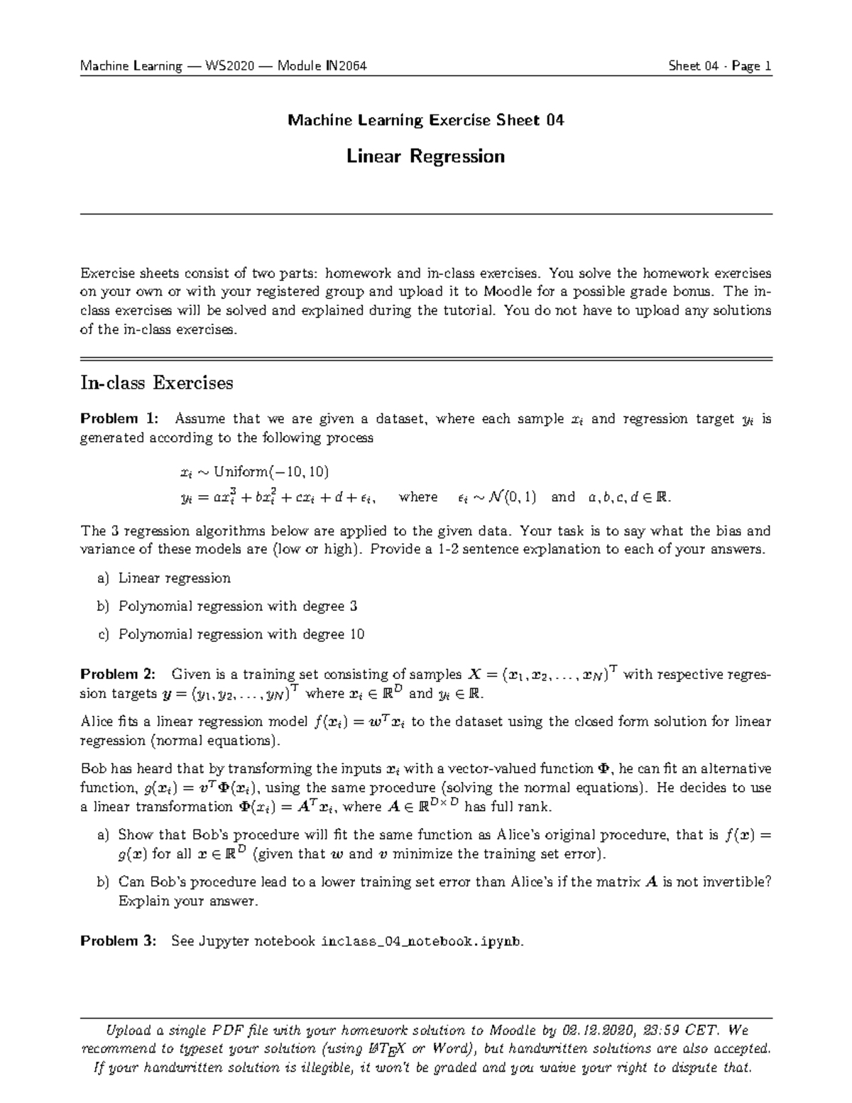 Exercise Linear Regression Machine Learning Exercise Sheet 04 Linear Regression Exercise