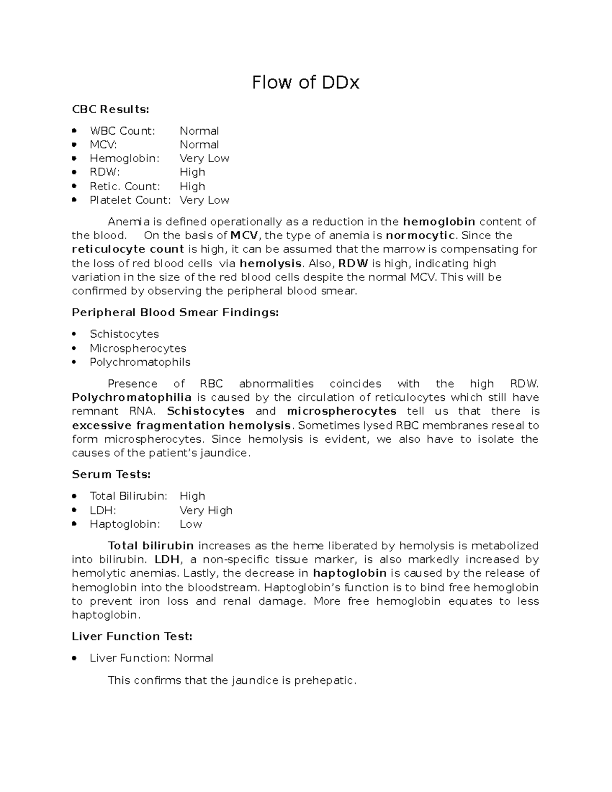 DDx for Hema Case Study - Flow of DDx CBC Results: WBC Count: Normal ...