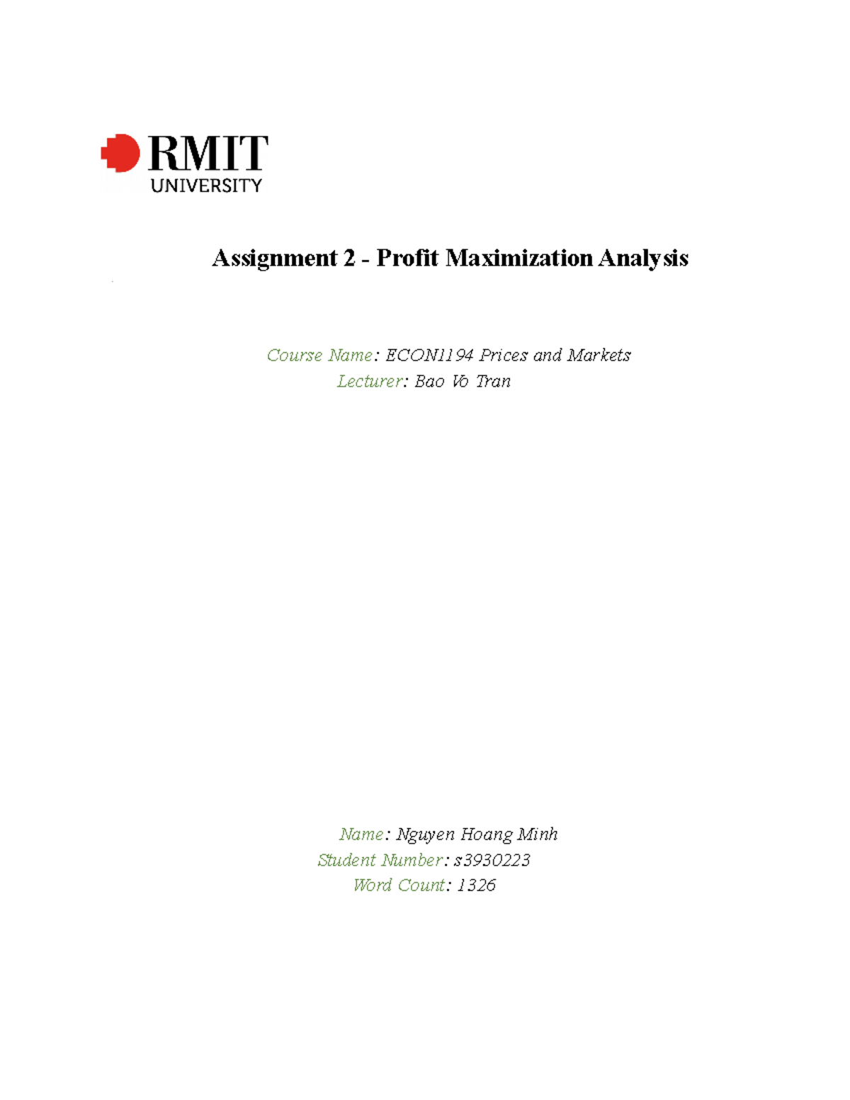 Assignment 2 PNM.Assignment 2 ECON1194 Hoang Minh S3930223 - Assignment ...
