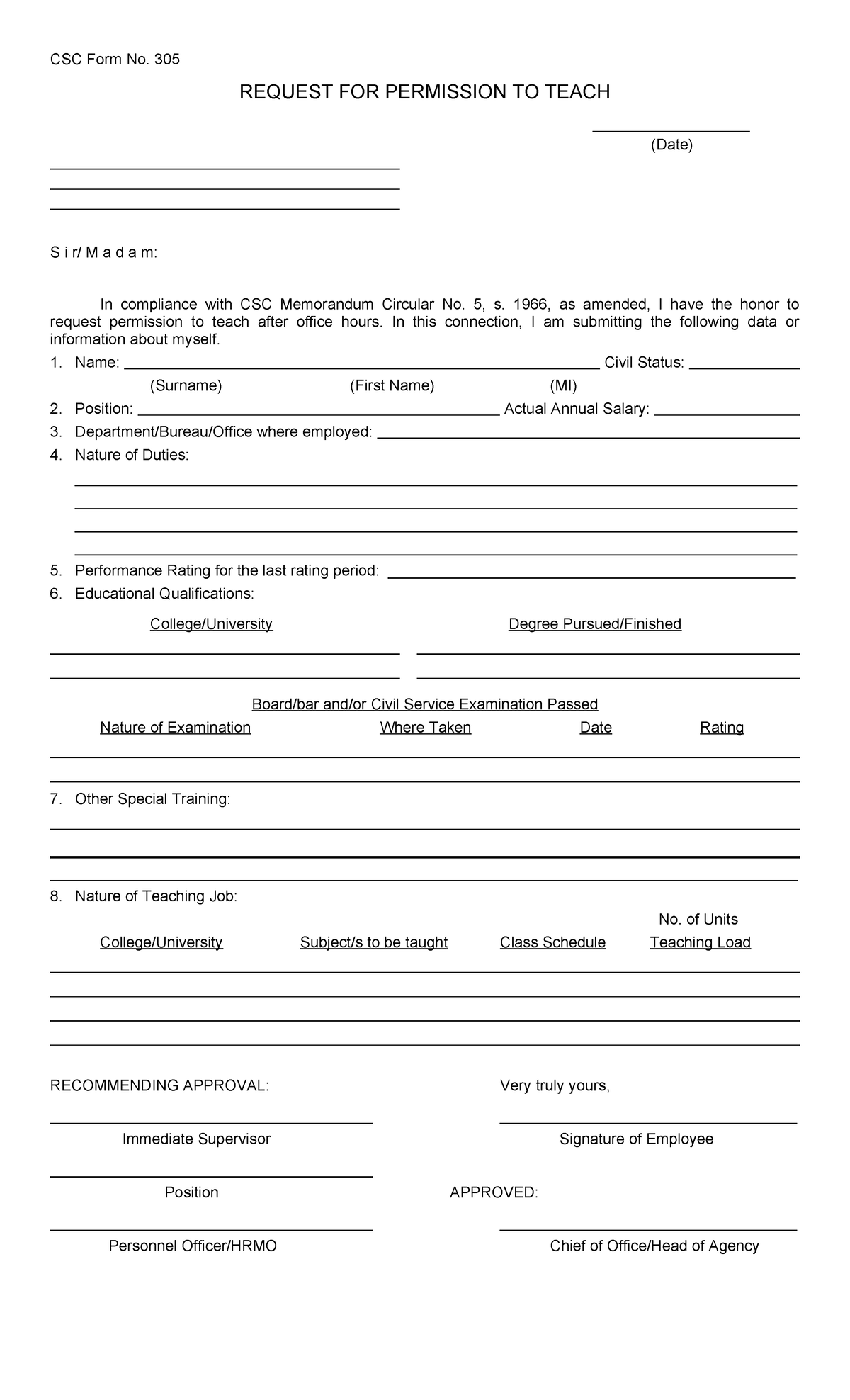 CSC Form No305 Permit to teach - CSC Form No. 305 REQUEST FOR ...