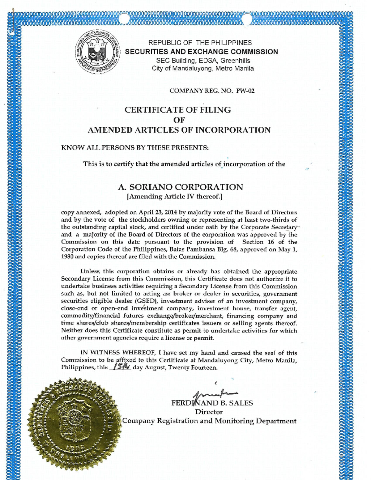 Anscor Ao I - Article of incorporation of financial and security bank ...