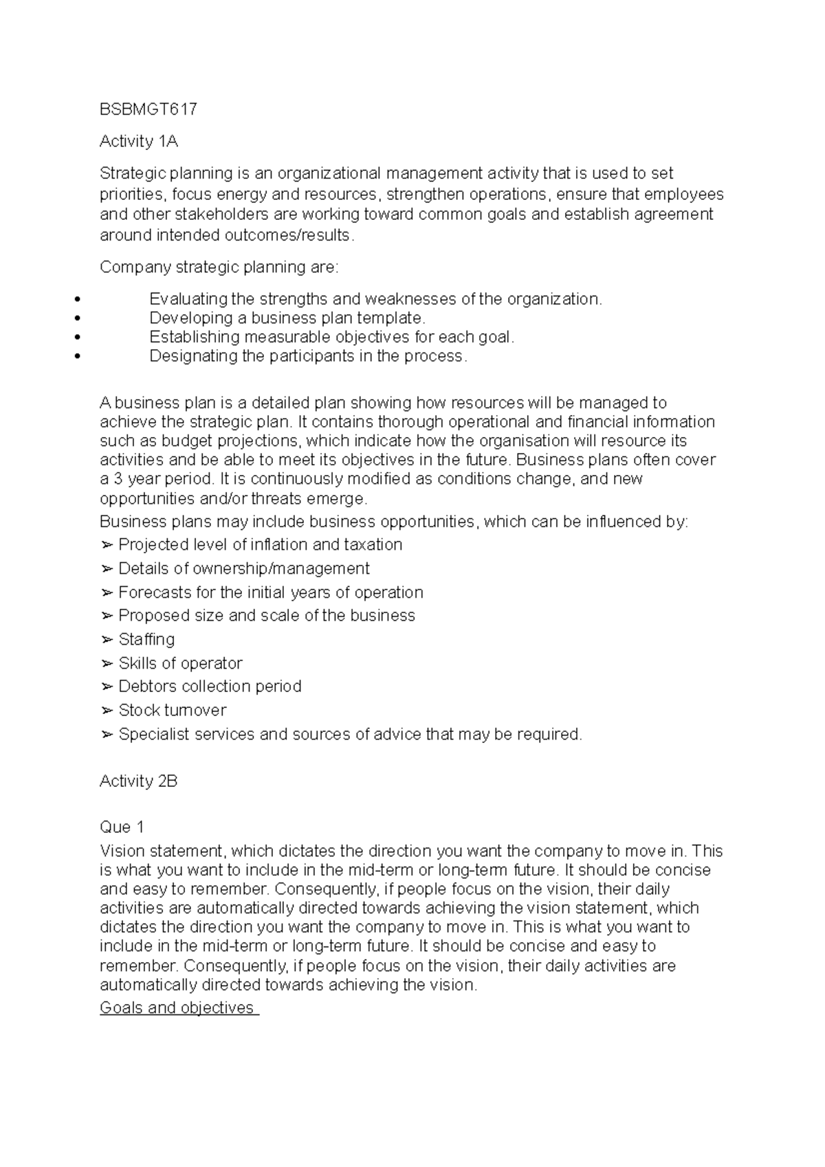 Bsbmgt 617 - strategies and plannings - BSBMGT Activity 1A Strategic ...