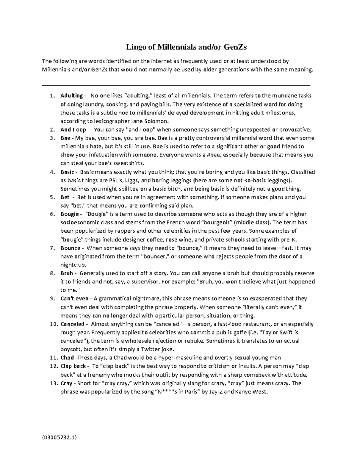 Millennial:genz-lingo - Lingo of Millennials and/or GenZs The following ...