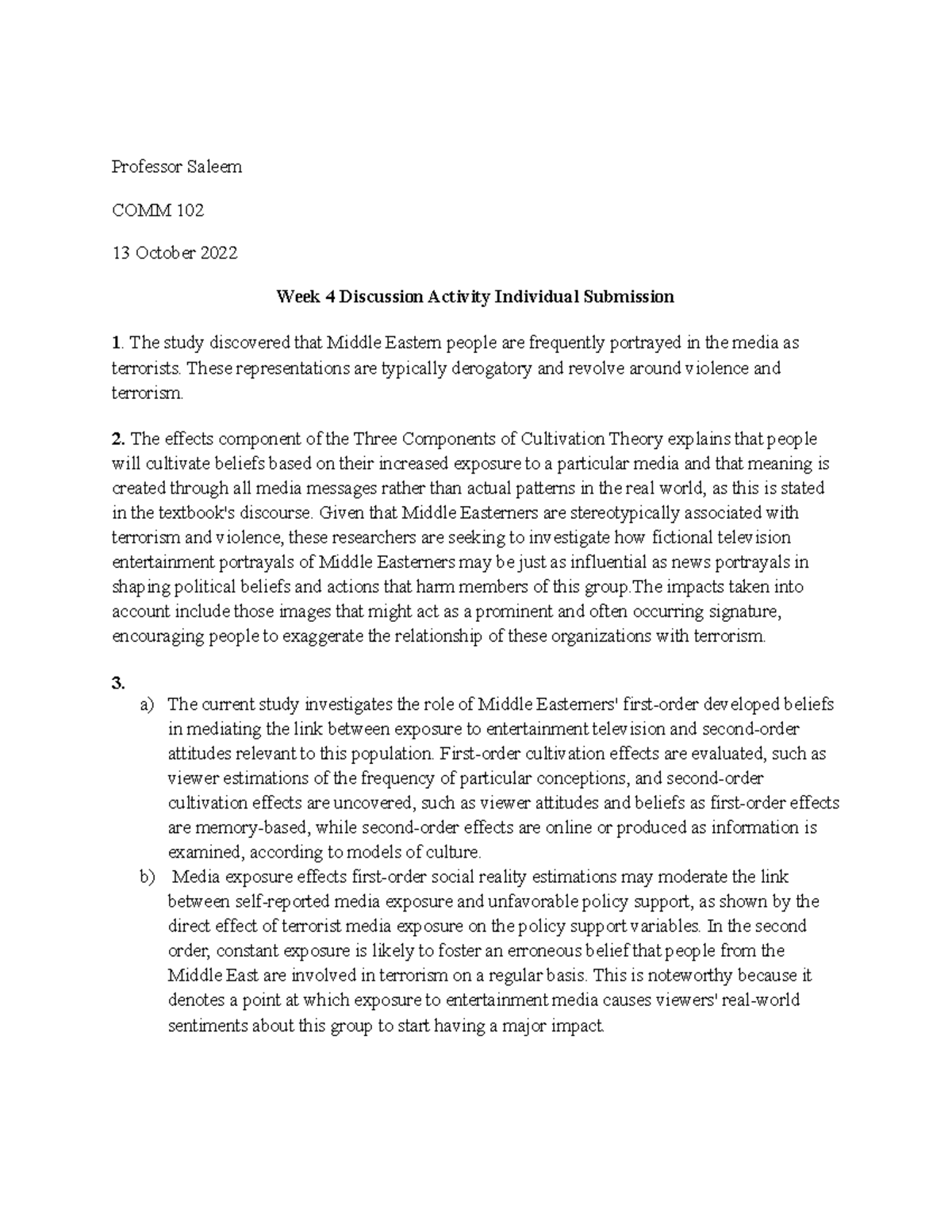 COMM 102 - Week 4 Discussion Activity Individual Submission - Professor ...