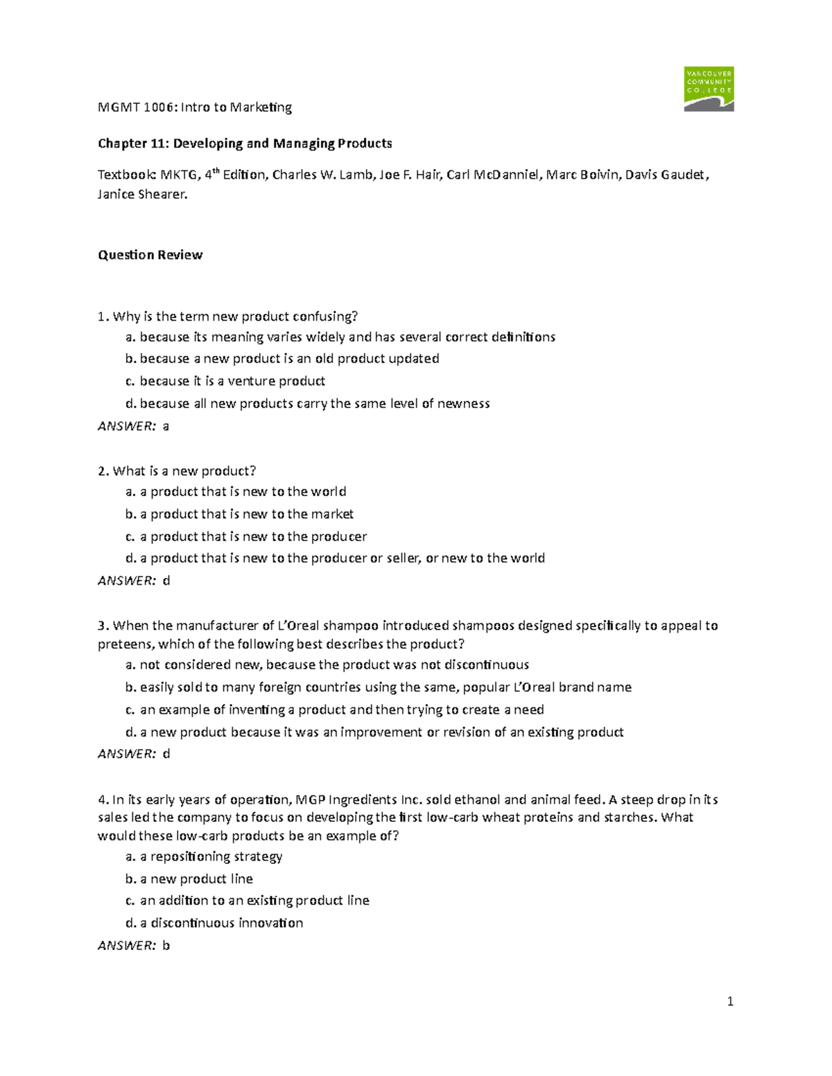 MAR - CH11 questions-1 - C11-1 - Chapter 11: Developing and Managing ...