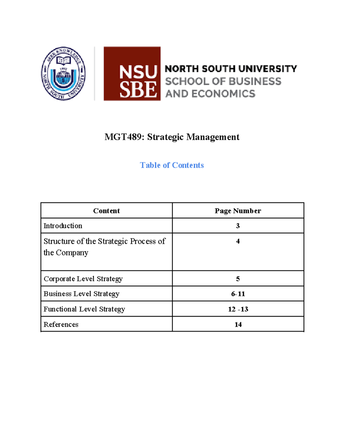 MGT489 Strategic Management - MGT489: Strategic Management Table of ...