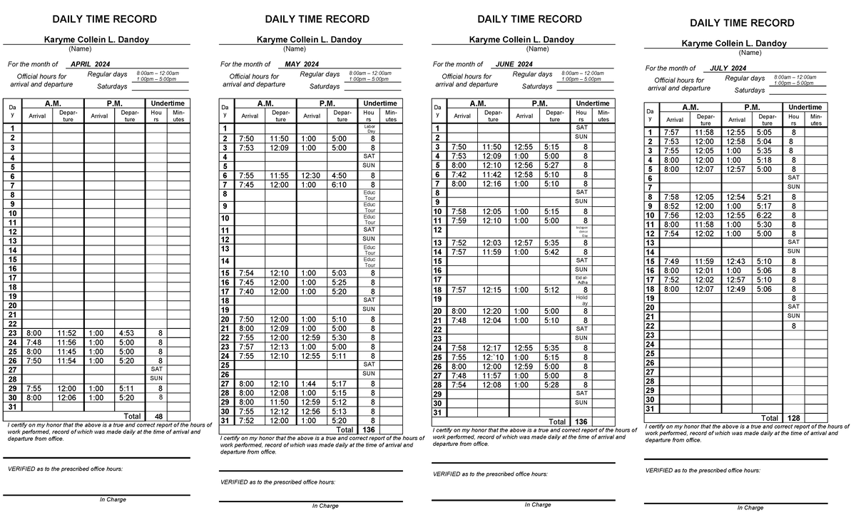 DIGITAL DAILY TIME RECORD (DTR) DOWNLOADABLE - DAILY TIME RECORD Karyme ...