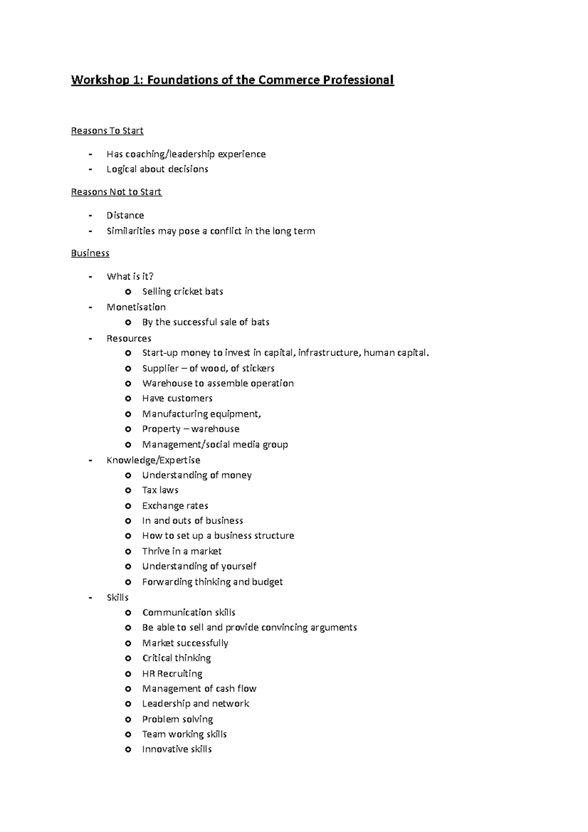 Notes - Workshop 1: Foundations of the Commerce Professional Reasons To ...