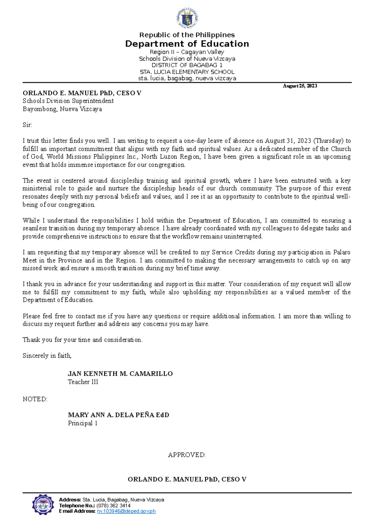 Application Leave Letter - Republic of the Philippines Department of ...