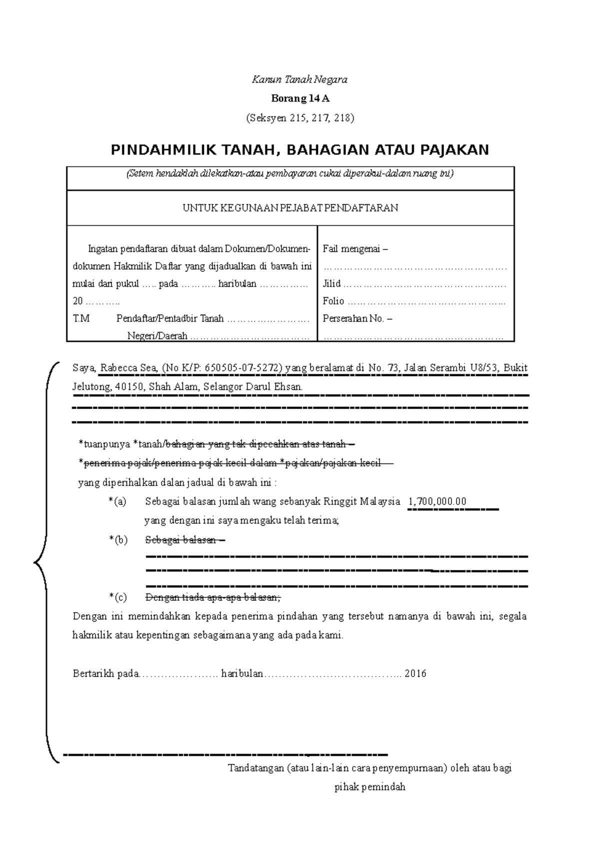 Borang 14A Kosong - good luck - Kanun Tanah Negara Borang 14 A (Seksyen ...