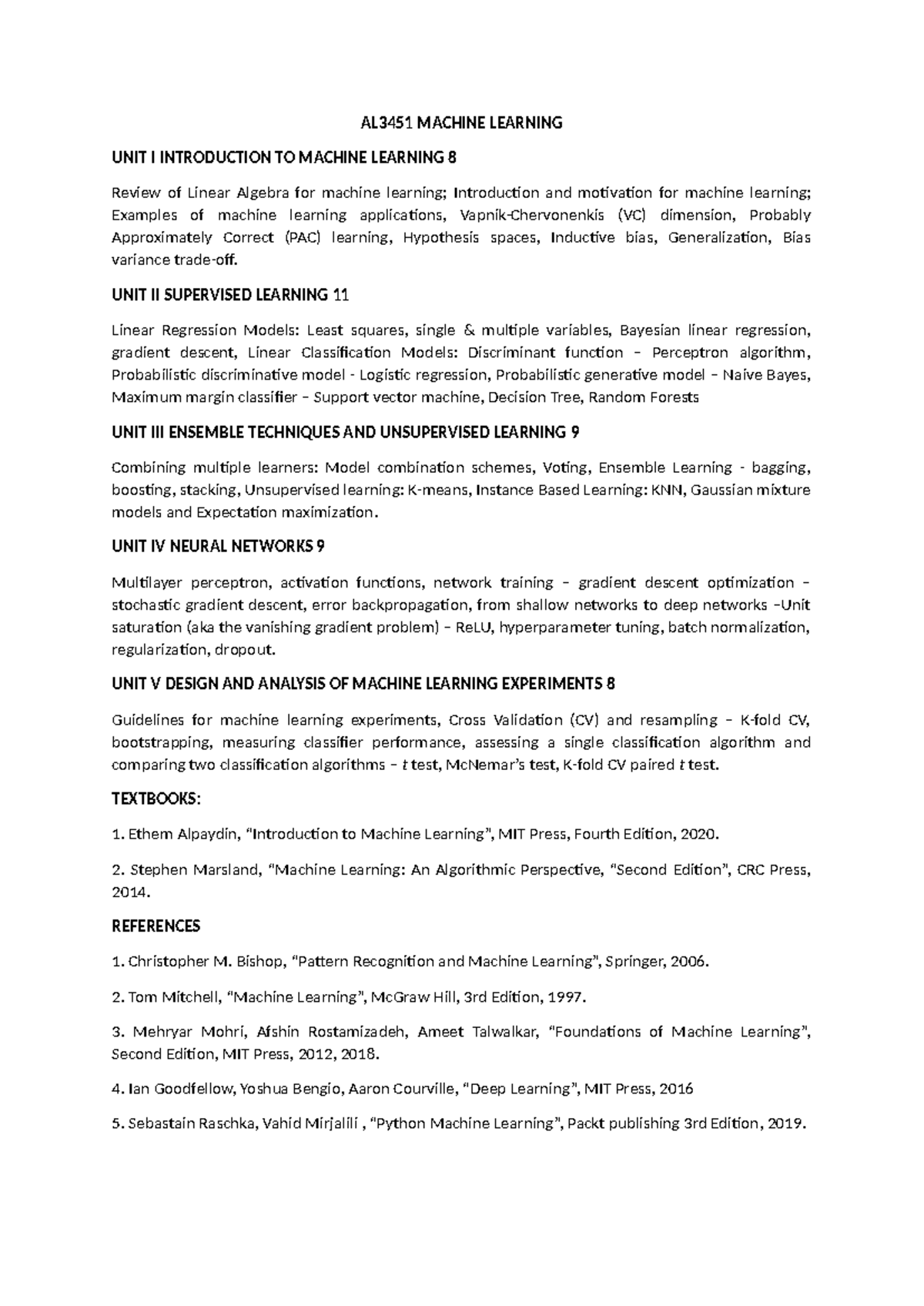 AL3451 Machine Learning - AL3451 MACHINE LEARNING UNIT I INTRODUCTION ...