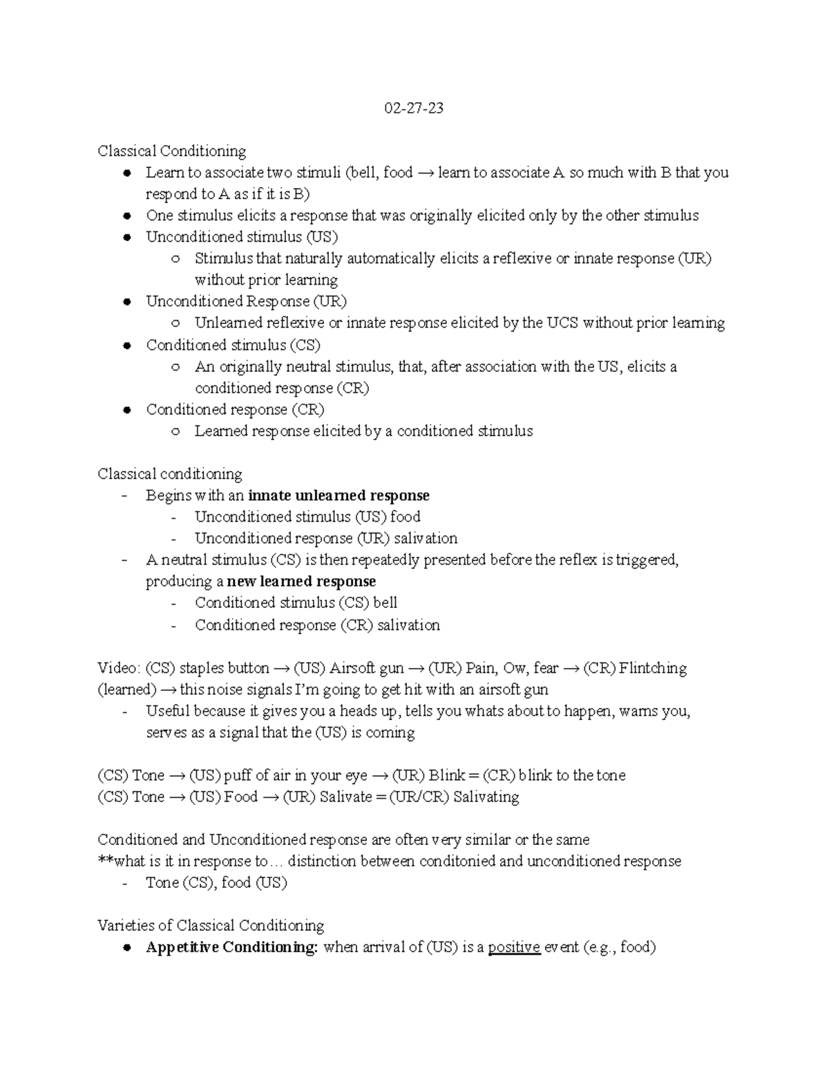 Classical Conditioning: Exam 2 - 02-27- Classical Conditioning Learn to ...