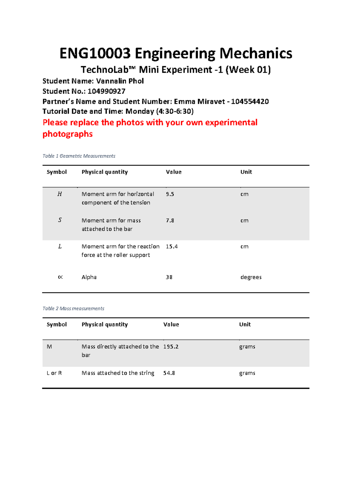 Mini prac 2 template 2024 S1 - ENG10003 Engineering Mechanics TechnoLab™ Mini Experiment - 1 ...