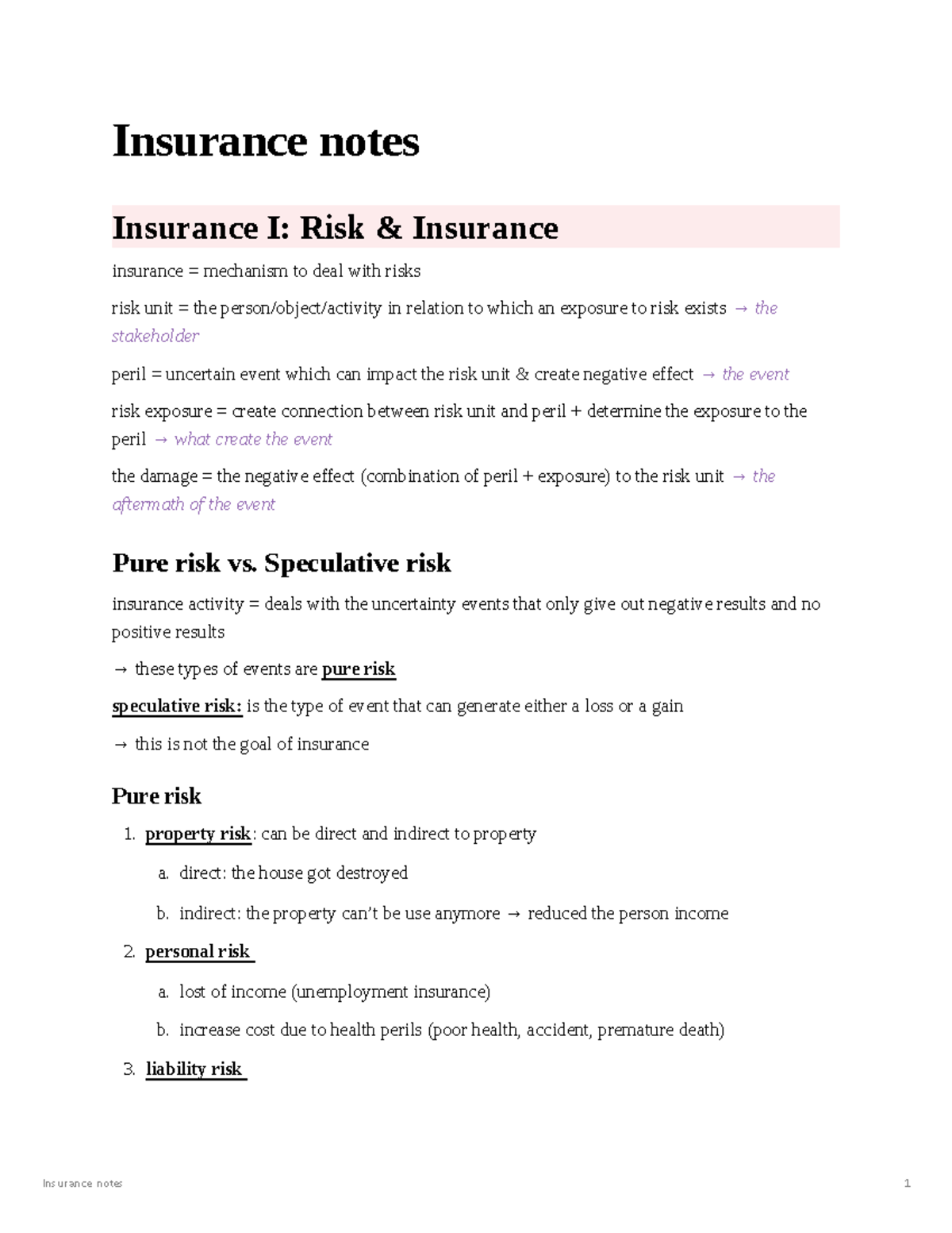 Insurance notes summary - Insurance notes Insurance I: Risk & Insurance ...