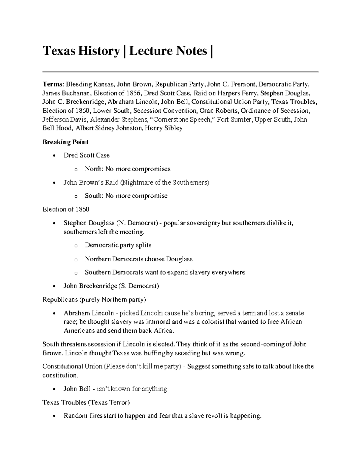 HIST-2301 Notes 10 - Texas History | Lecture Notes | Terms: Bleeding ...