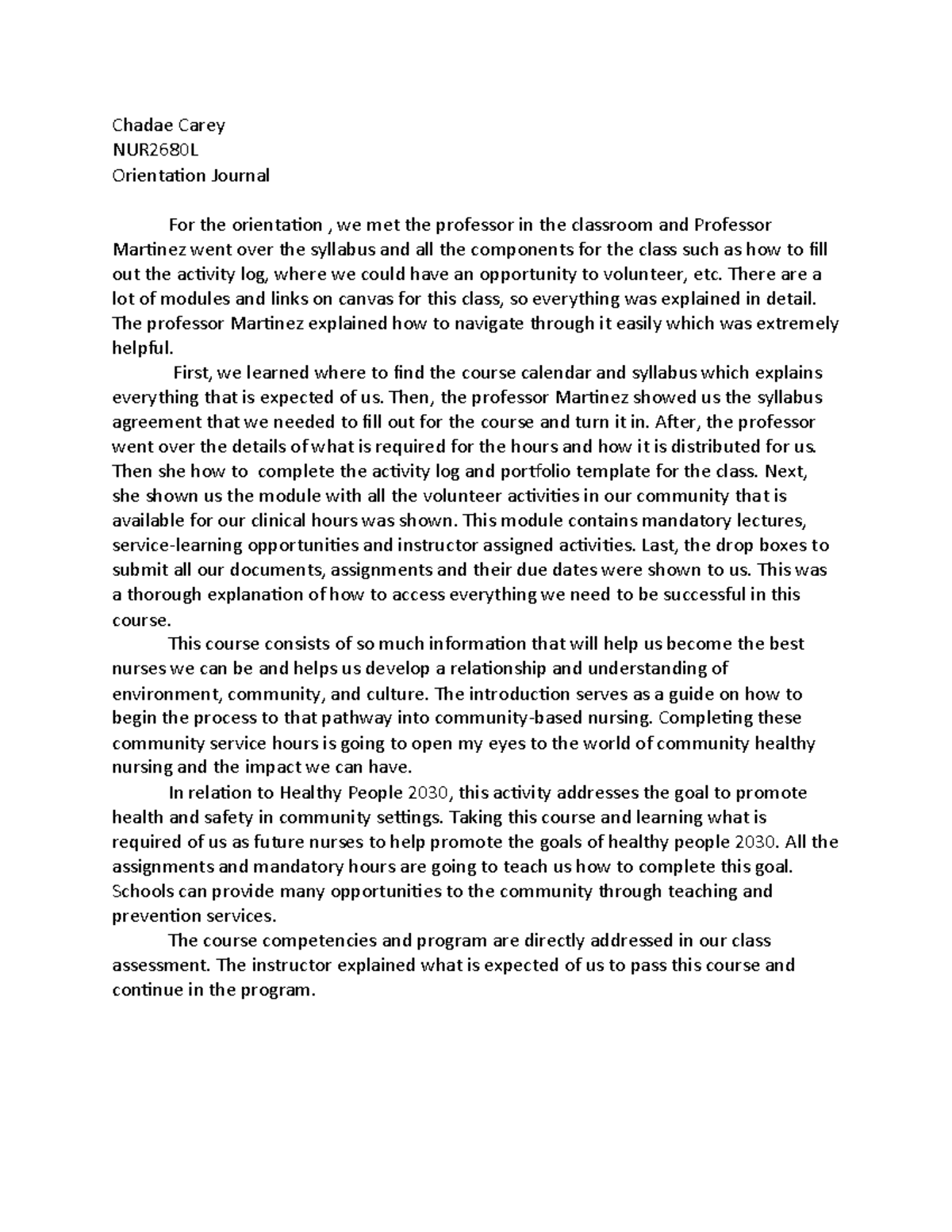 Orientation Journal - Chadae Carey NUR2680L Orientation Journal For the ...