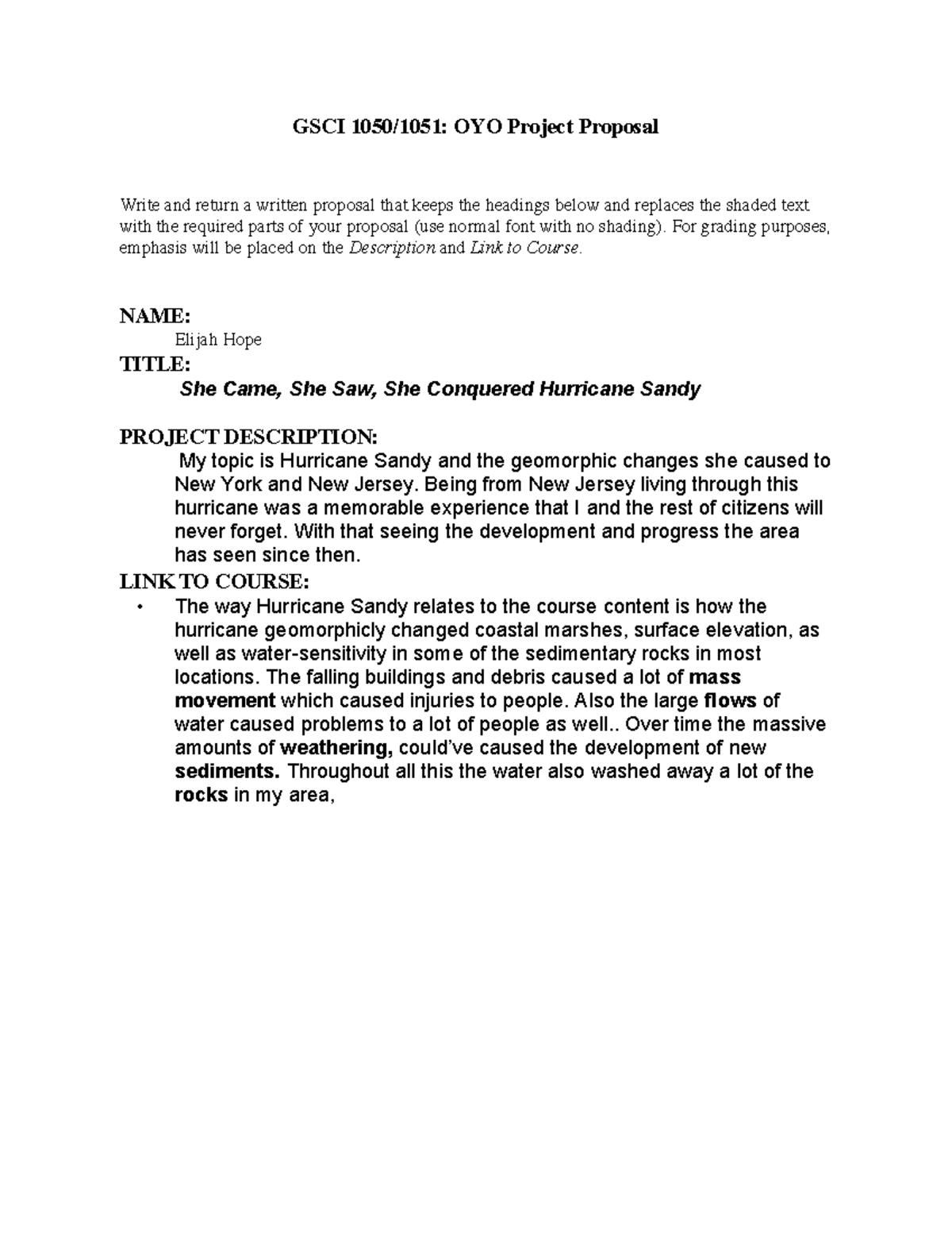 GSCI 1050-1051 OYO Proposal Template Fall2020 - GSCI 1050/1051: OYO ...
