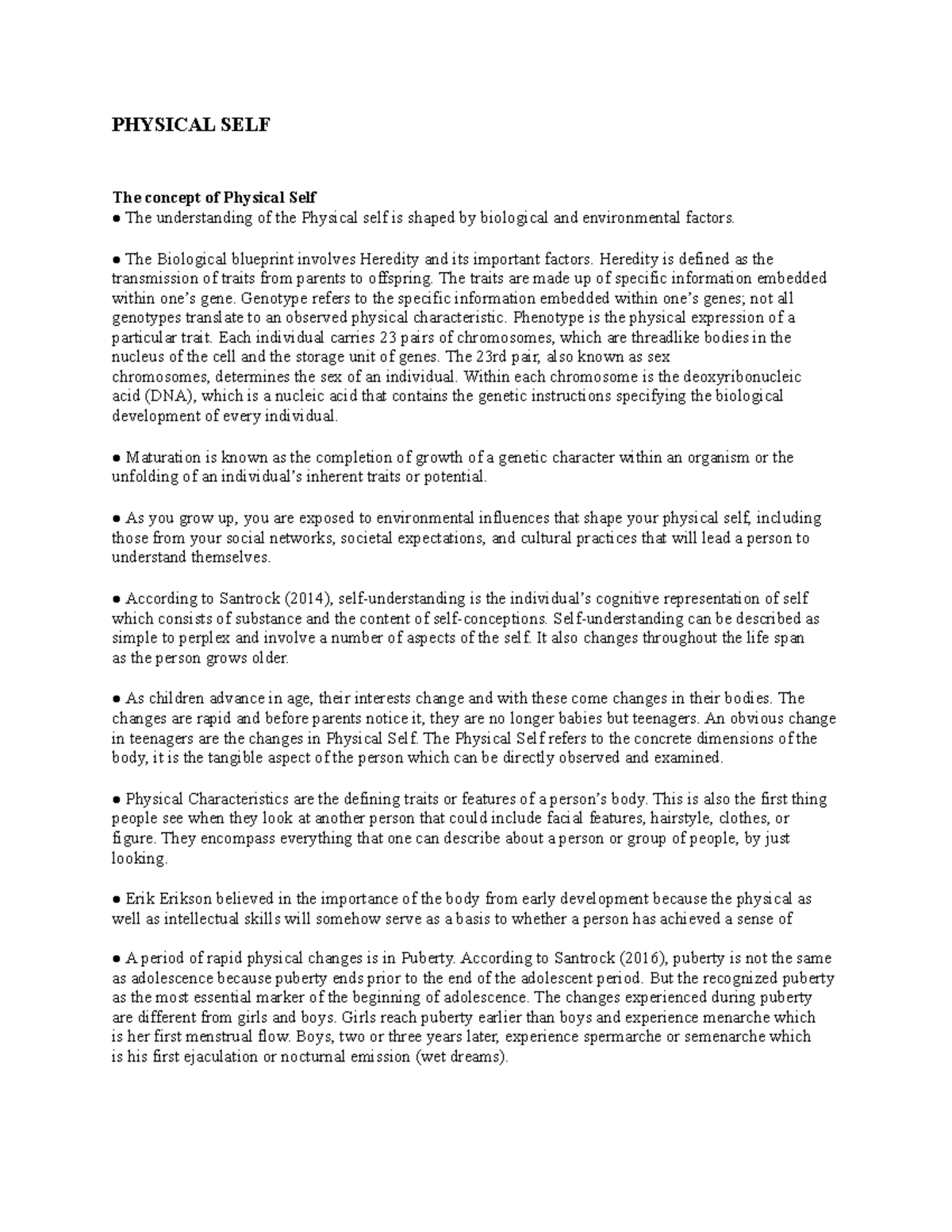 Physical SELF - PHYSICAL SELF The concept of Physical Self The understanding of the Physical ...