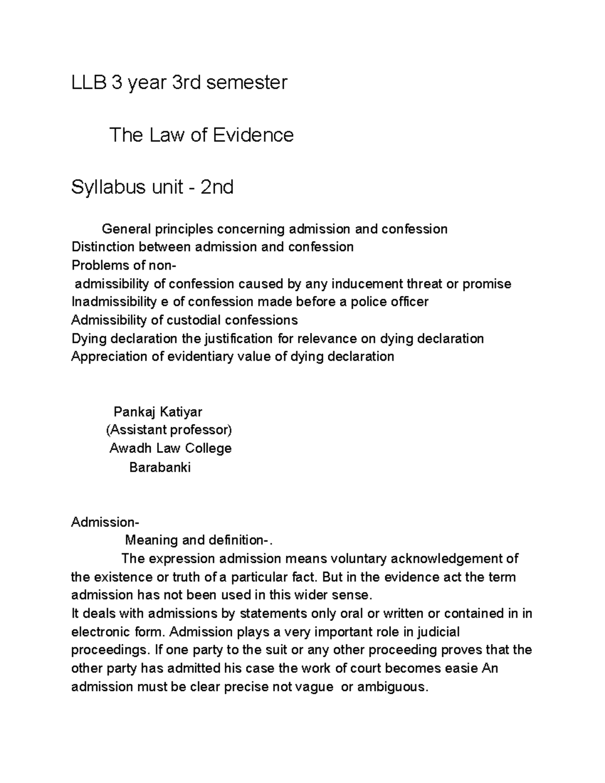 Law of Evidence Unit 2 - LLB 3 year 3rd semester The Law of Evidence ...