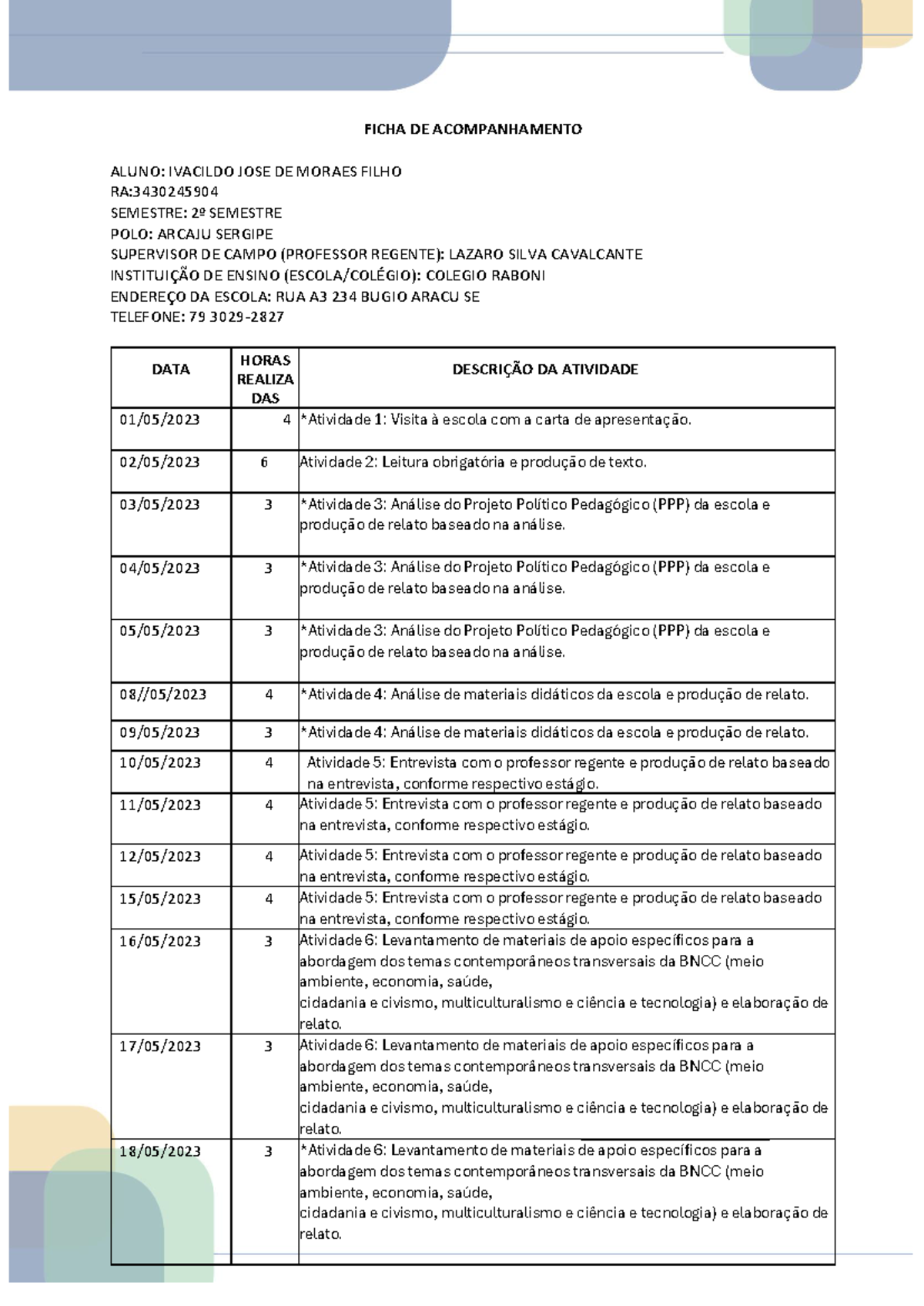 Ficha DE Acompanhamento raboni novo - FICHA DE ACOMPANHAMENTO ALUNO ...