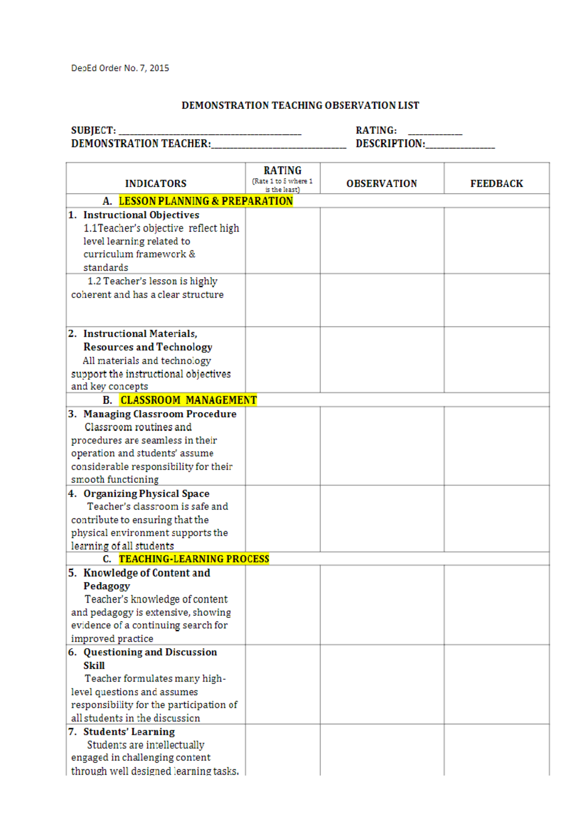 Demo Rating sheet - template - DepEd Order No. 7, 2015 DEMONSTRATION ...