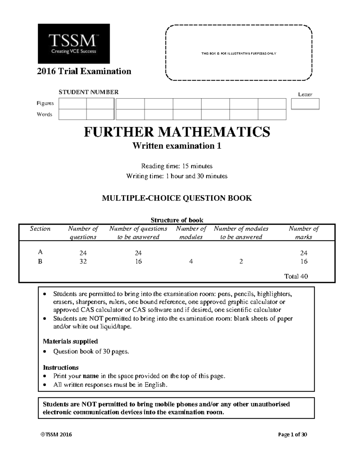 2016 Further Maths Exam 1 - TSSM - FURTHER MATHEMATICS Written ...