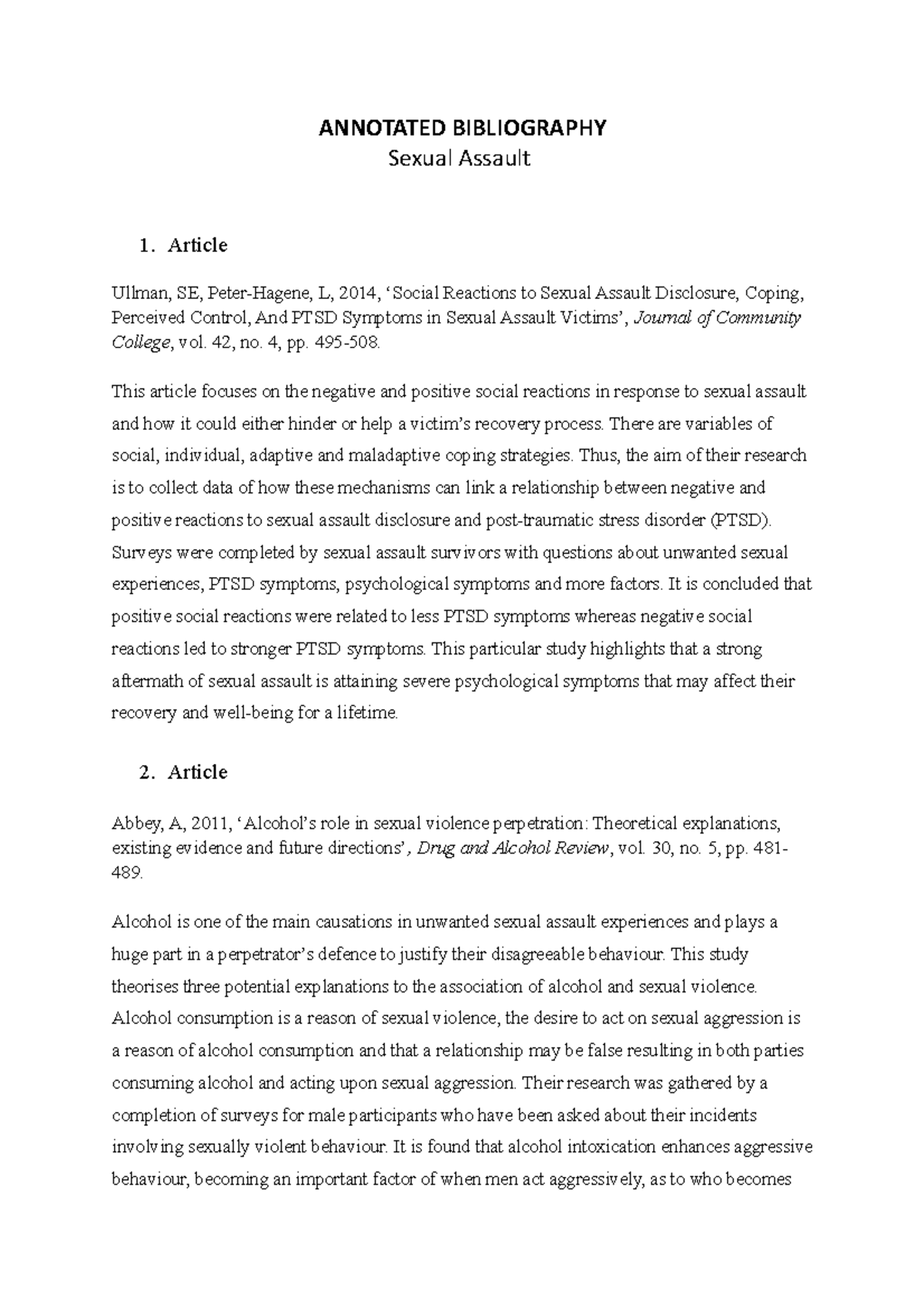 Annotated Bibliography Assignment - ANNOTATED BIBLIOGRAPHY Sexual ...