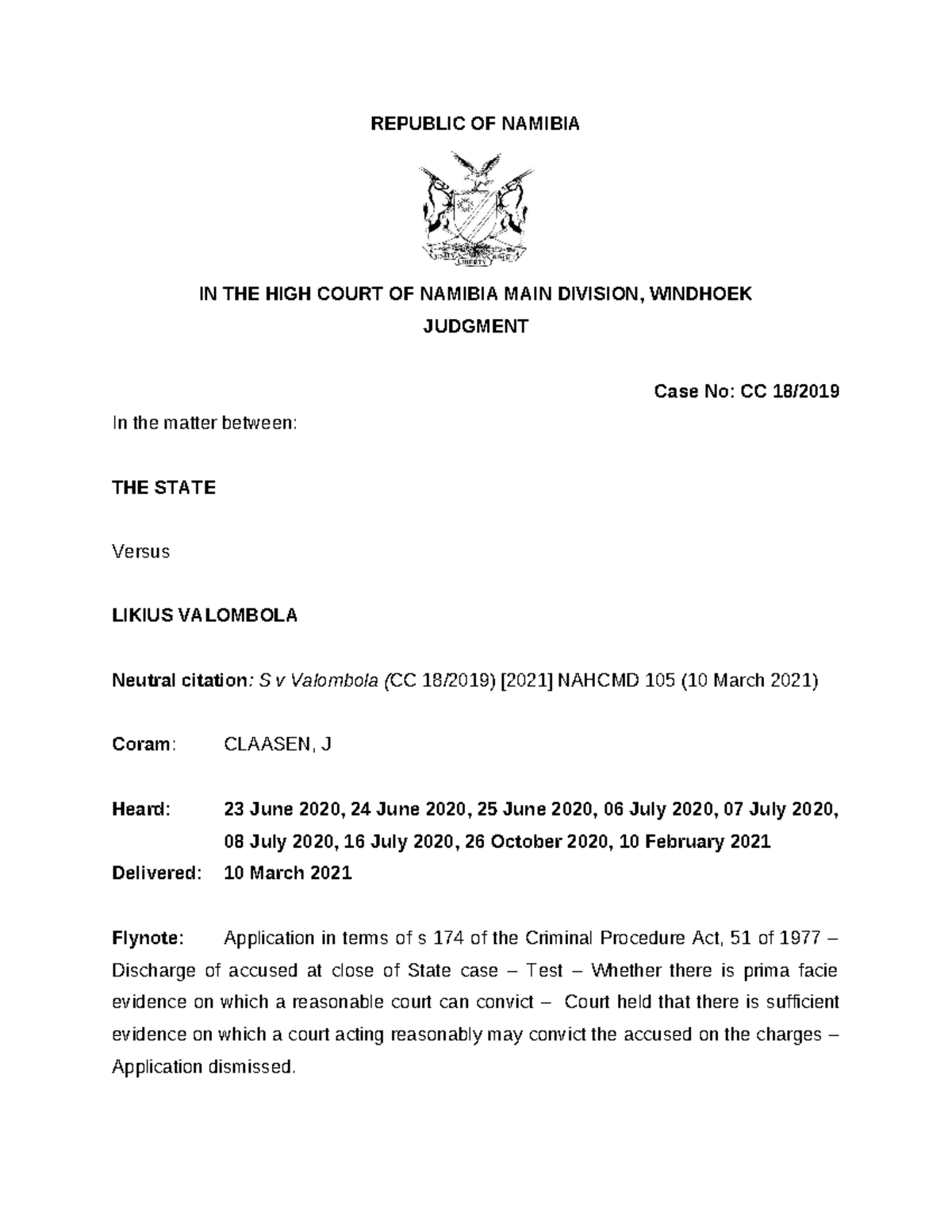 S v Valombola (8) (CC 18 of 2019 ) 2021 Nahcmd 105 (10 March 2021 ...