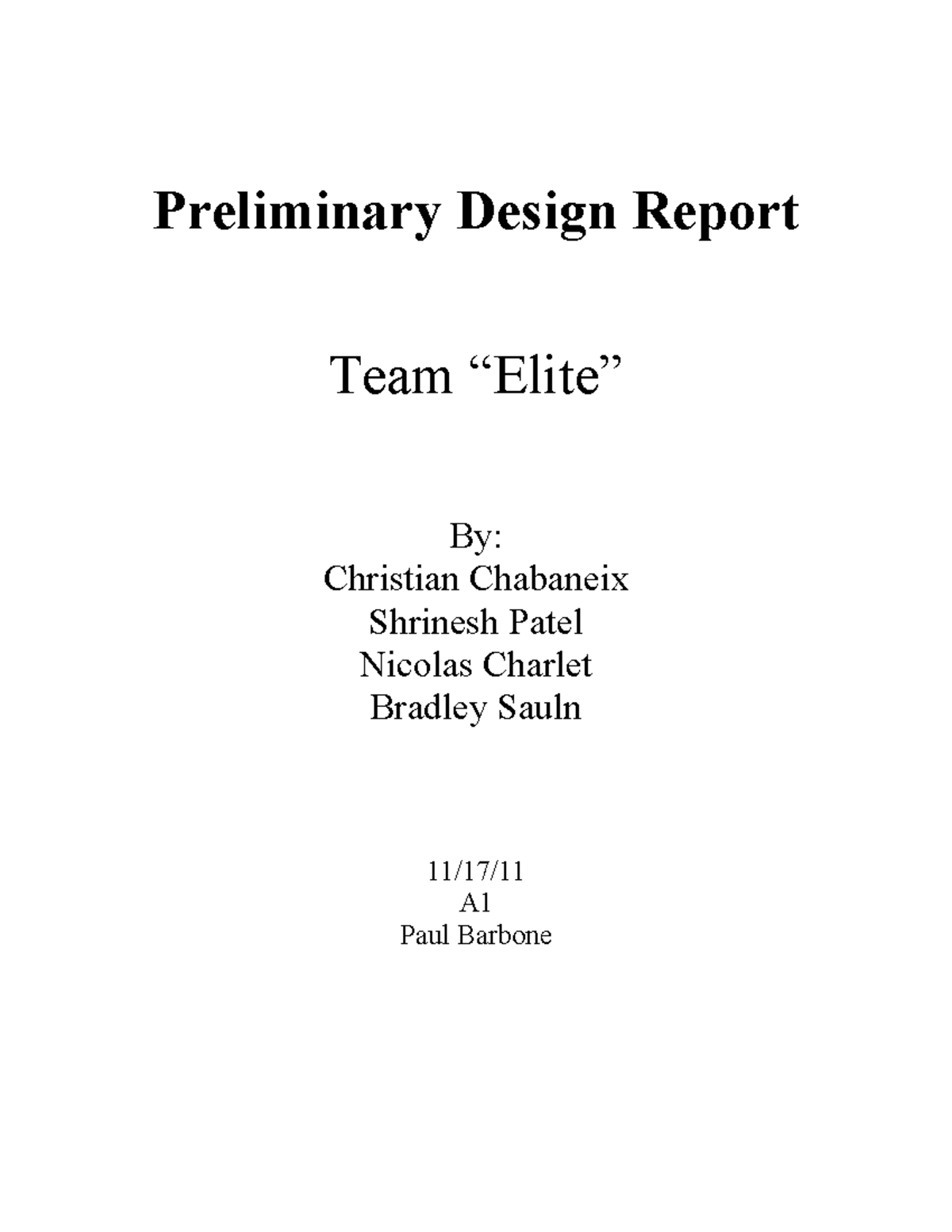 Preliminary Design Report. Team Elite - Finite Element Analysis - Studocu