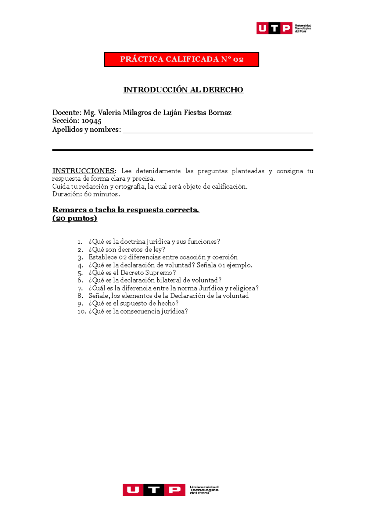 PC2 Introducción AL Derecho - INTRODUCCIÓN AL DERECHO Docente: Mg. Valeria Milagros de Luján ...