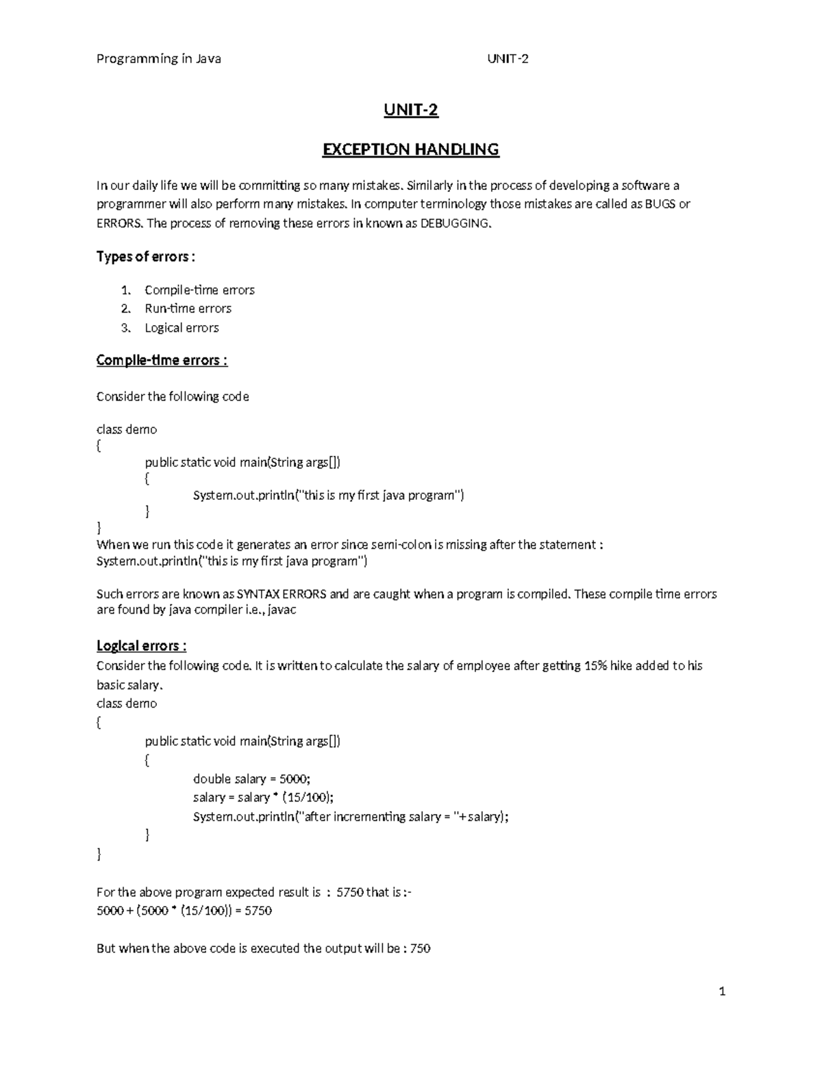 Unit-2 part-2 - unit 2 notes 2 - UNIT- EXCEPTION HANDLING In our daily ...
