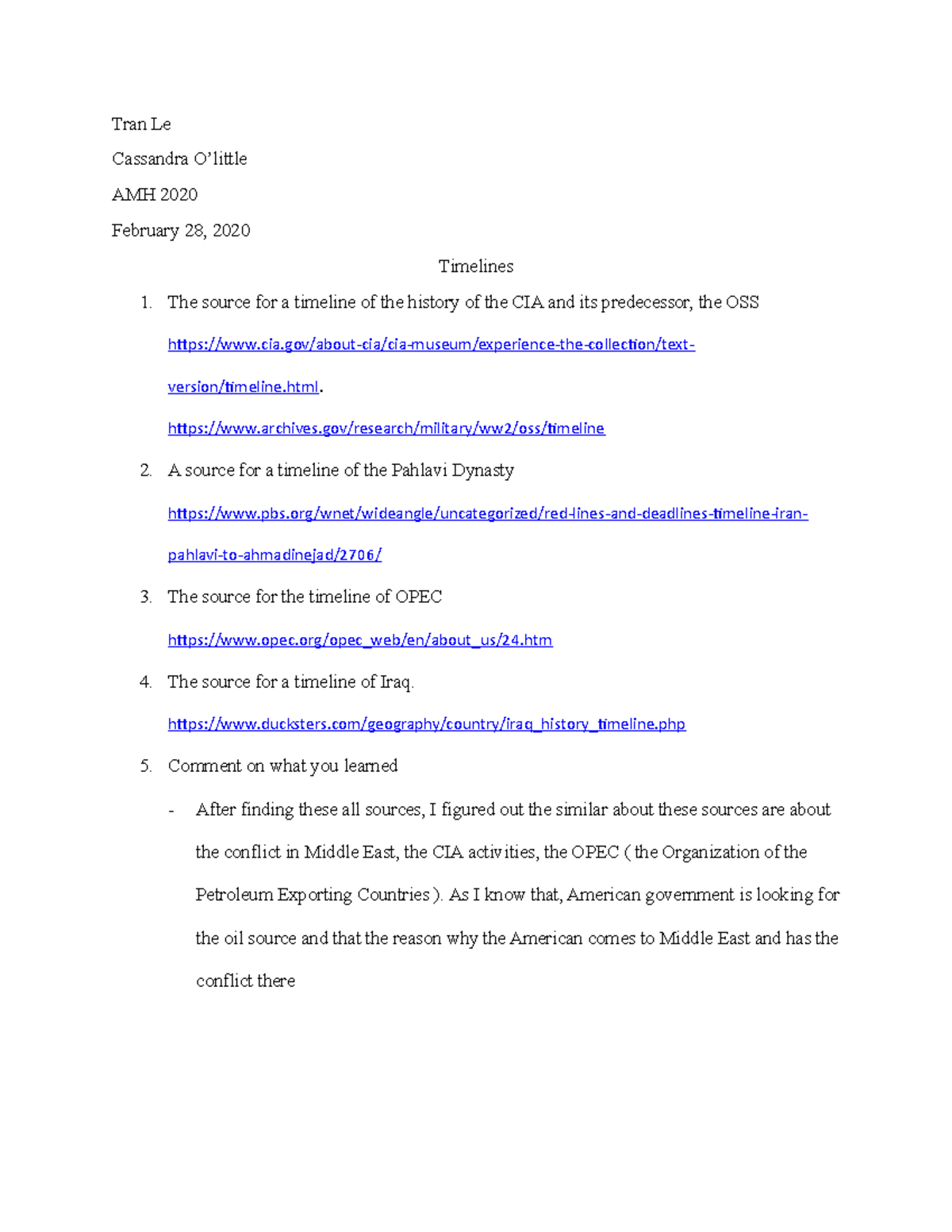 Timeline - US history homework - Tran Le Cassandra O’little AMH 2020 ...