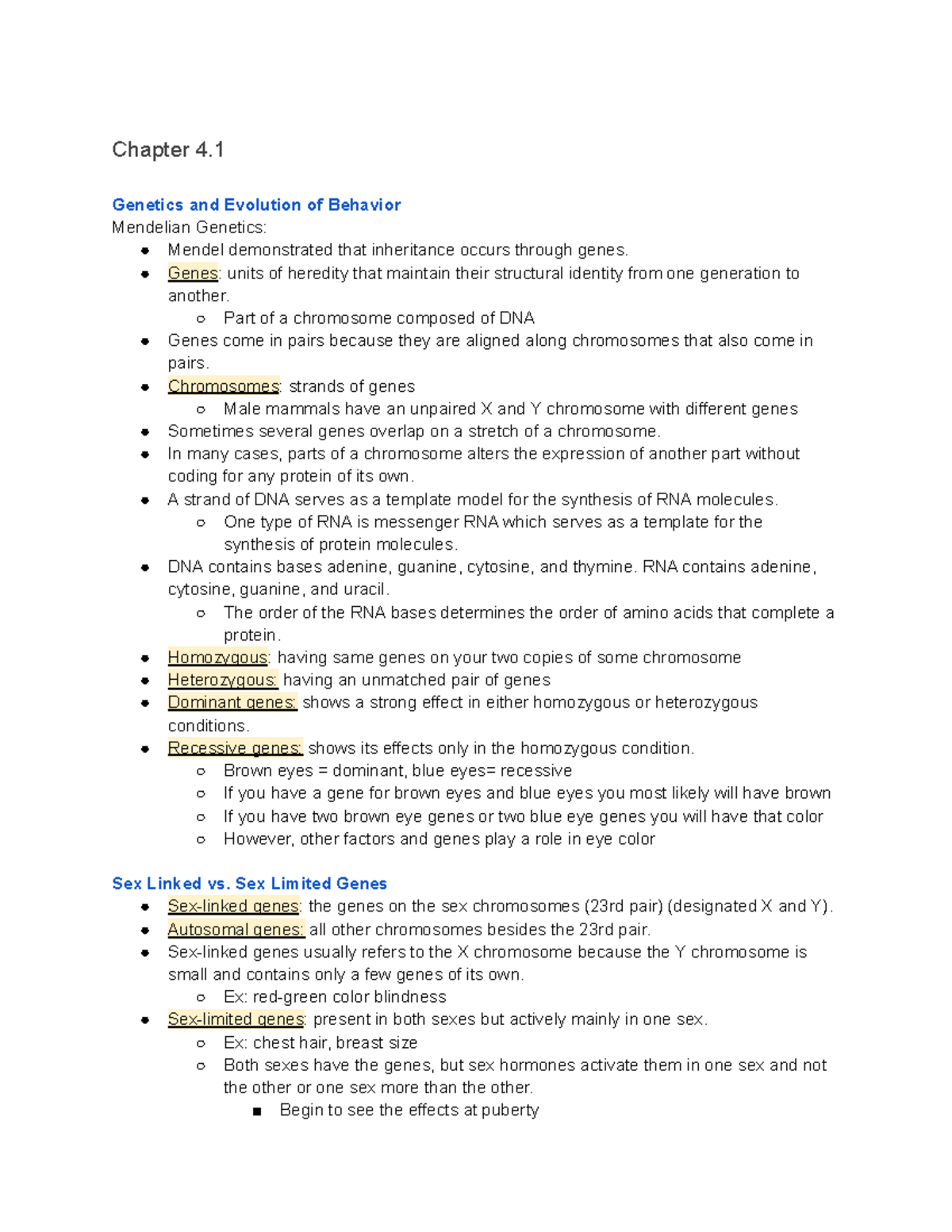 Chap 4.1 bio notes - Chapter 4. Genetics and Evolution of Behavior ...