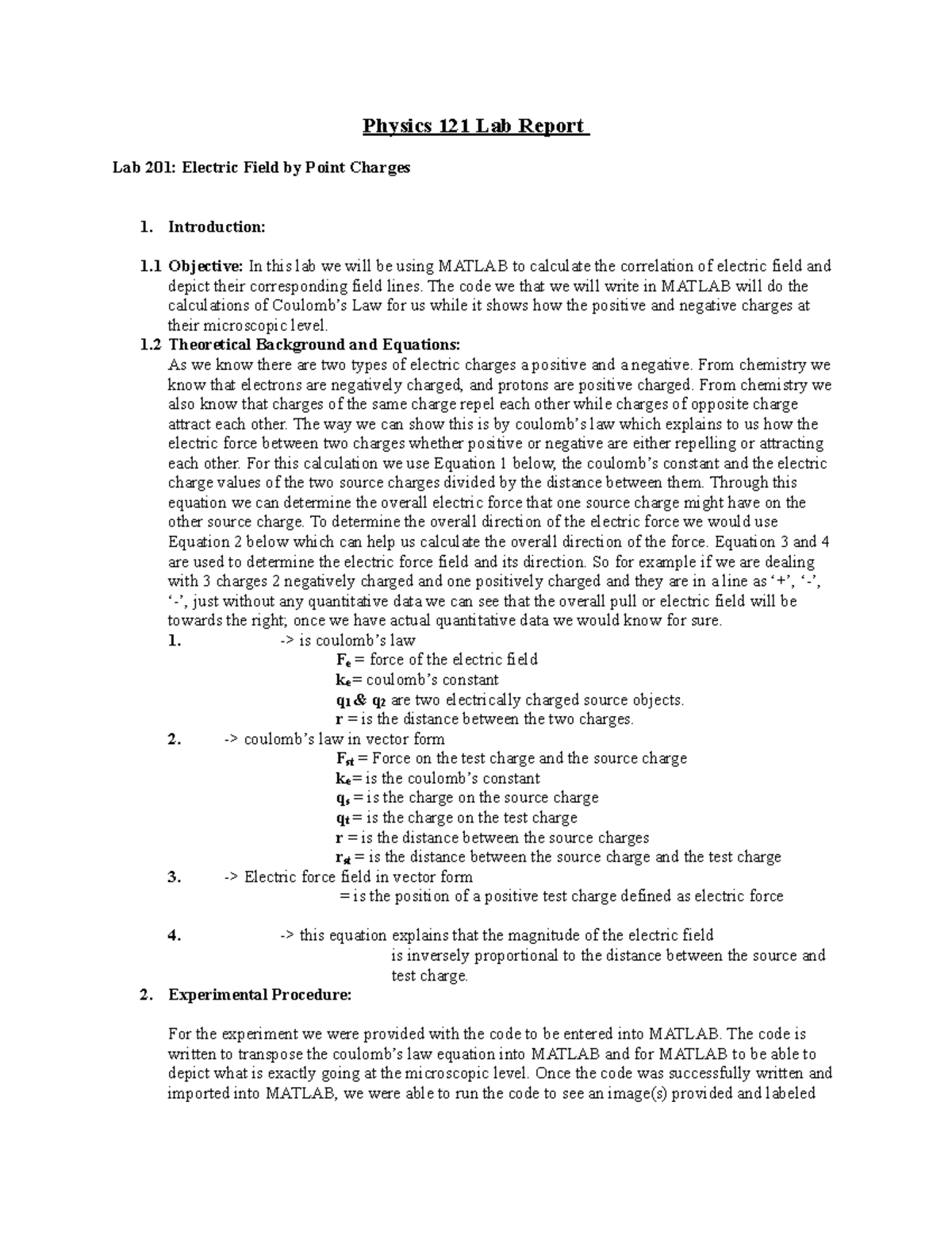 Lab 201 Electric Field by Point Charges - Physics 121 Lab Report Lab ...